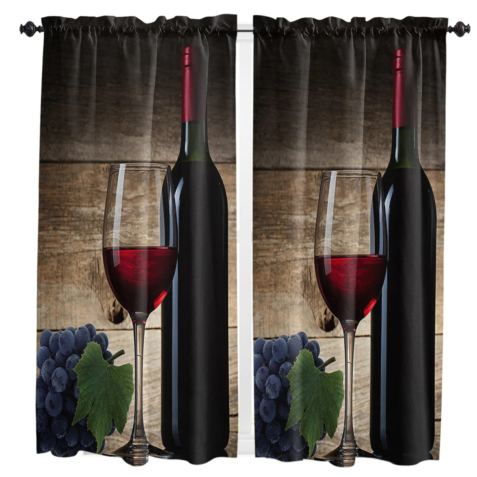 Fresh Grapes Wood Grain Retro Old-fashioned Rustic Rod Pocket Short Curtain Half-Curtain Kitchen ...