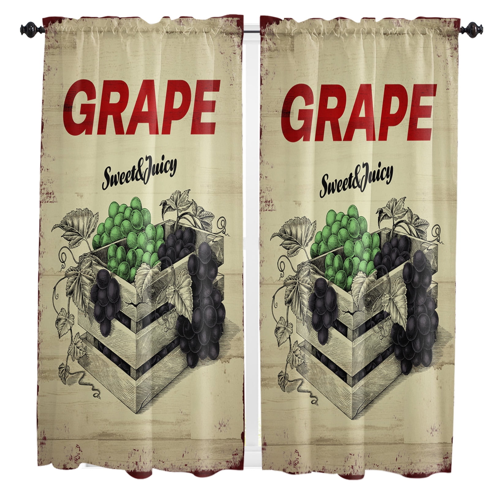 Fresh Grapes Wood Grain Retro Oldfashid Rustic Rod Pocket Short Curtain ...