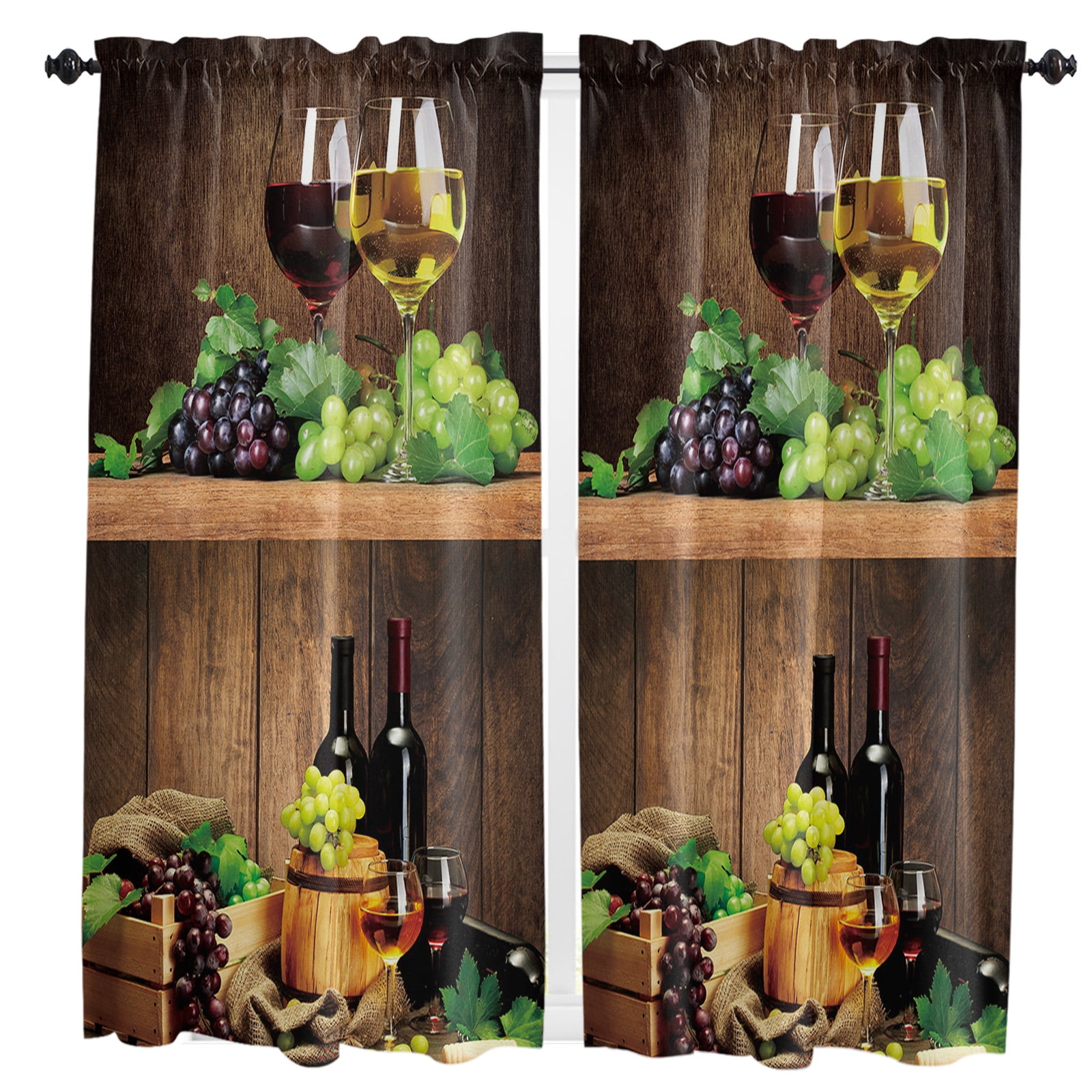 Fresh Grapes Wood Grain Retro Oldfashid Rustic Rod Pocket Short Curtain ...