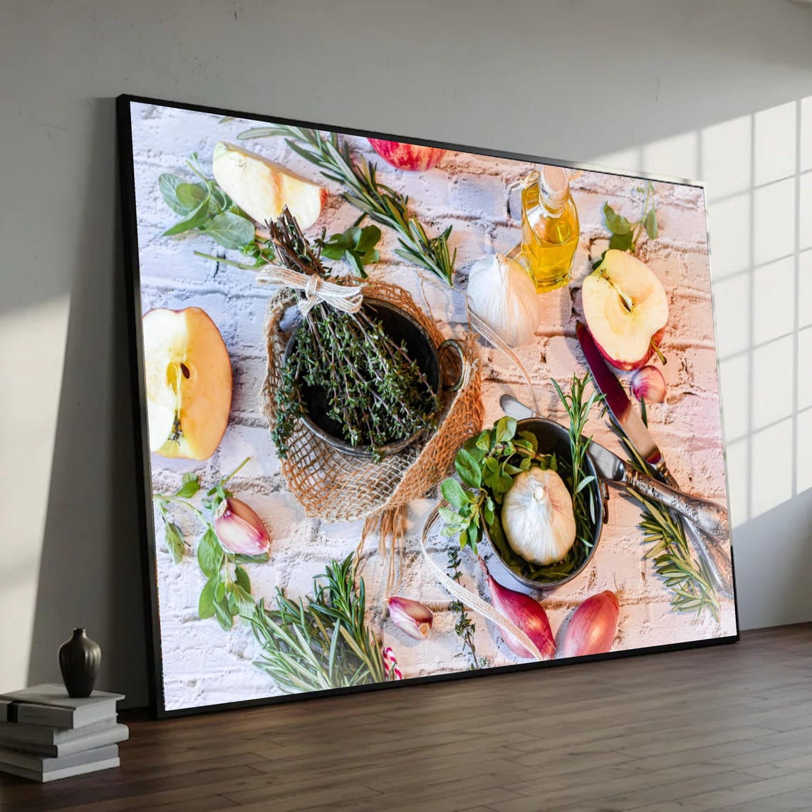 Fresh Herbs Garlic Apple Olive Oil Print, Unframed Paper Poster 16x20in ...