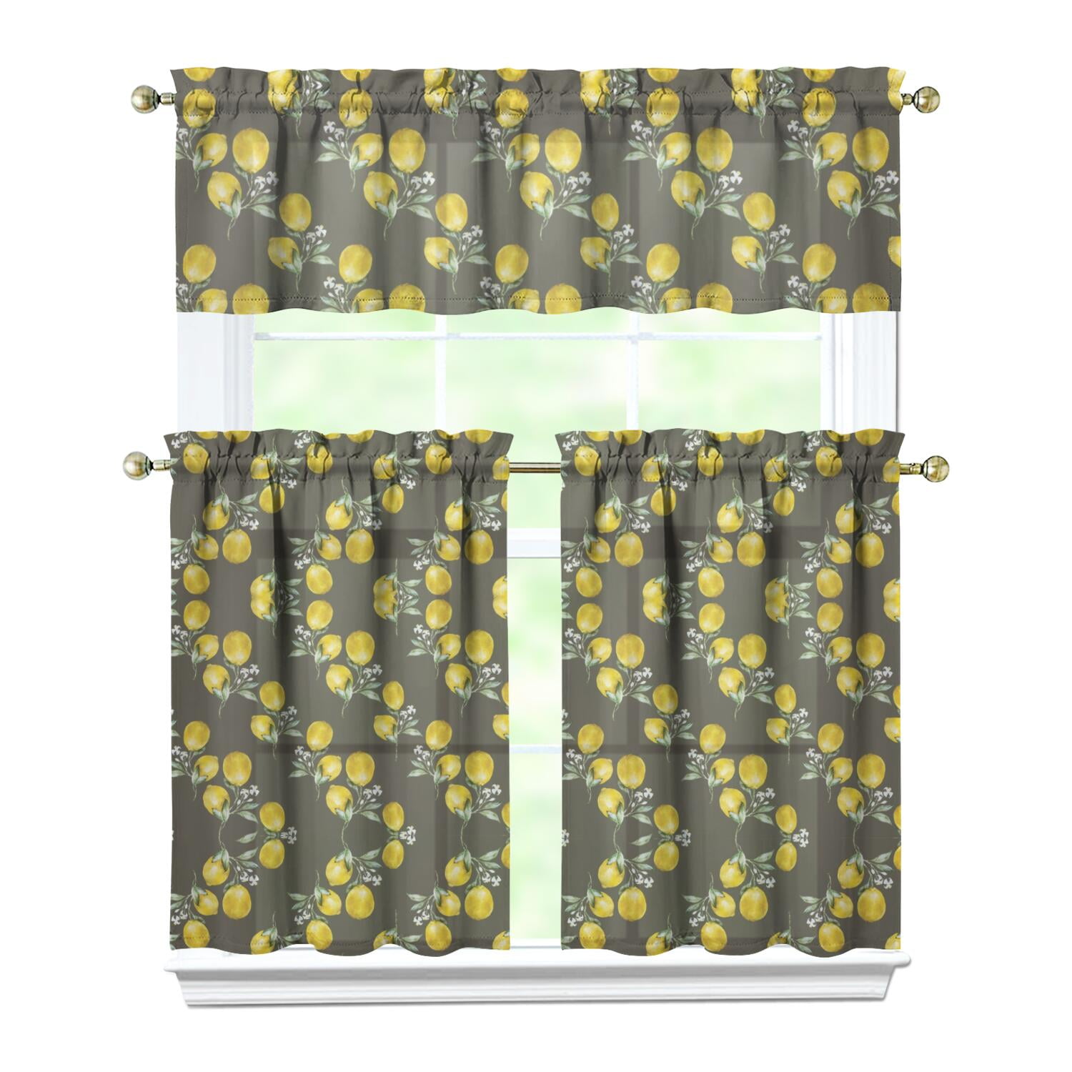 Fresh Lemon Lover Kitchen Curtains - 3 Piece Rod Pocket Set, Yellow Fruit Floral Print for ...