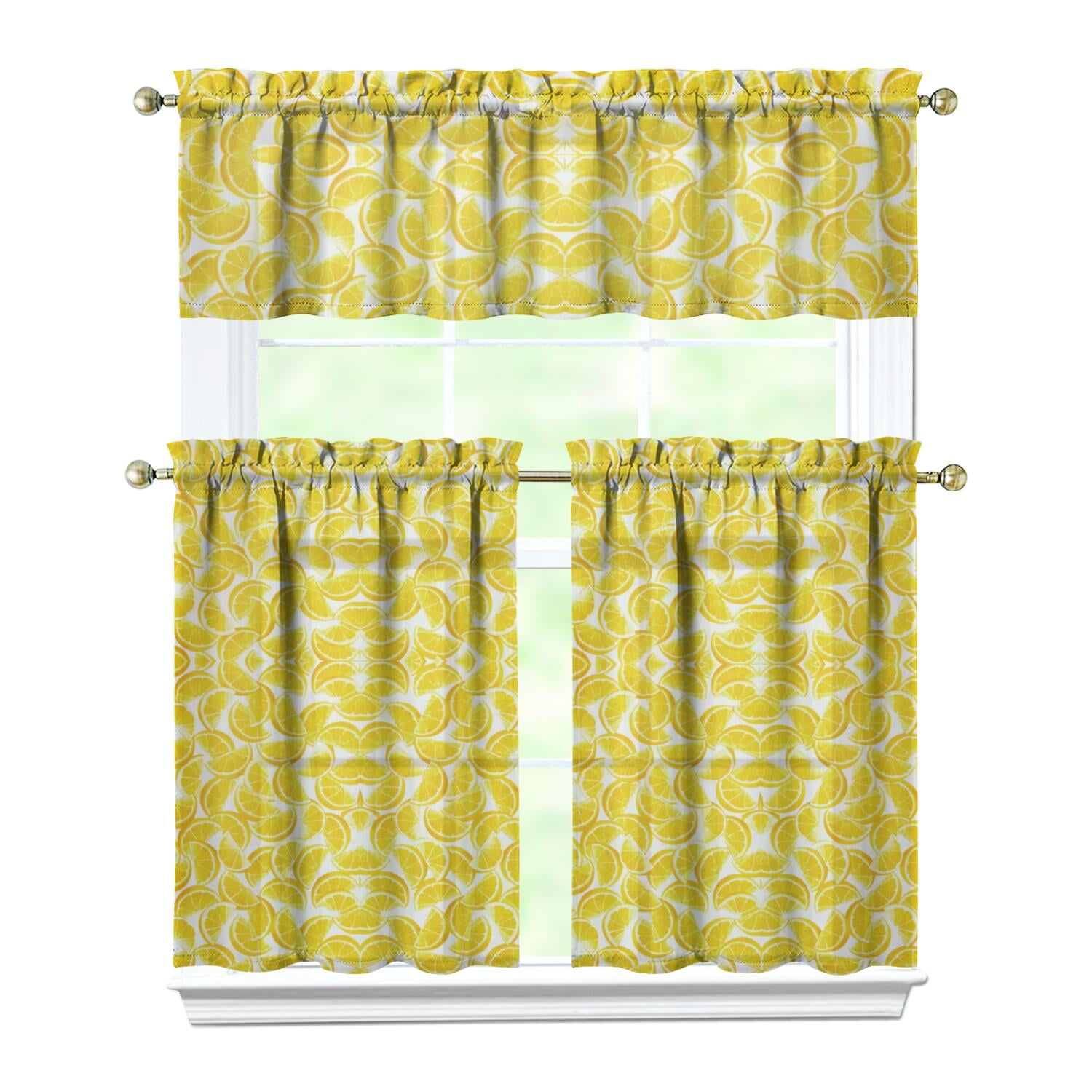 Fresh Lemon Lover Kitchen Curtains Set, Yellow Citrus Fruit Print Tier and Valance, Cute Floral ...