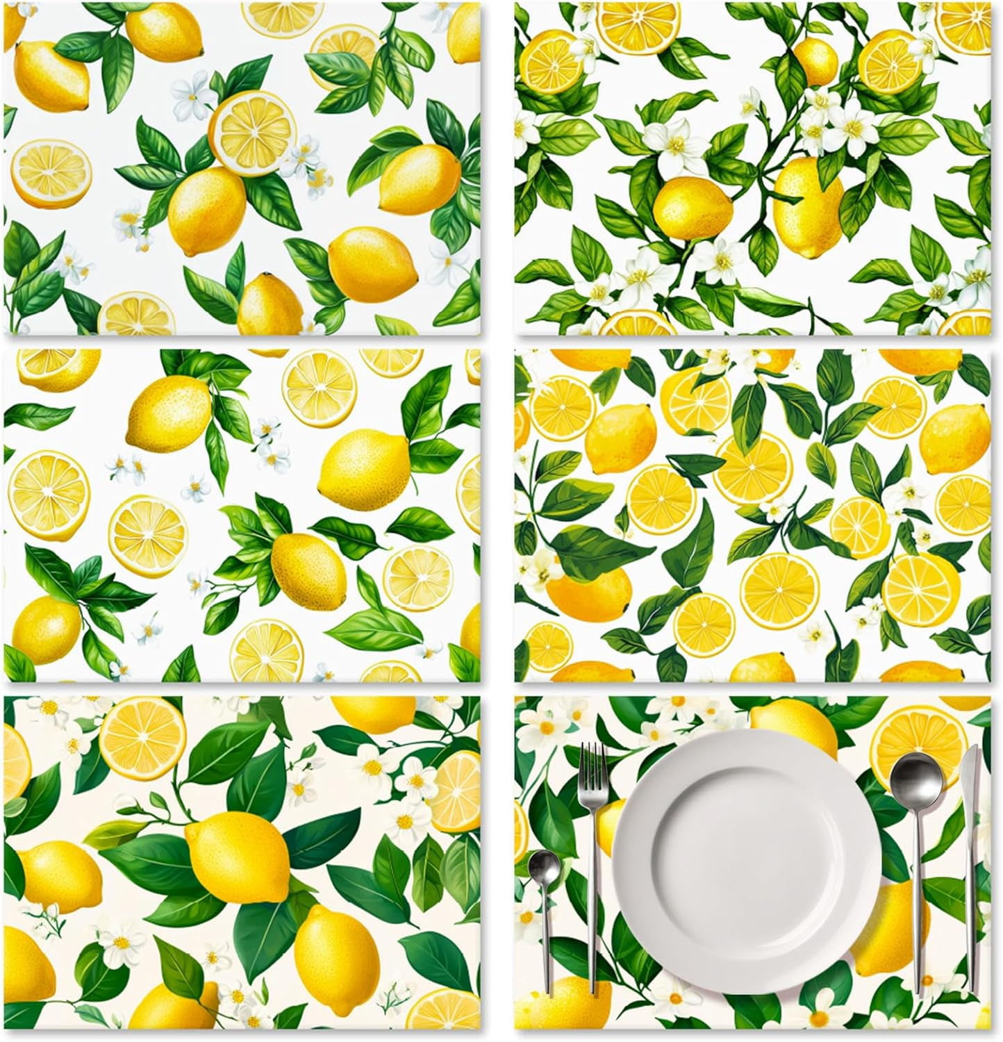 Fresh Lemon Placemats Set of 6 Summer Fruit Heat Resistant Washable ...