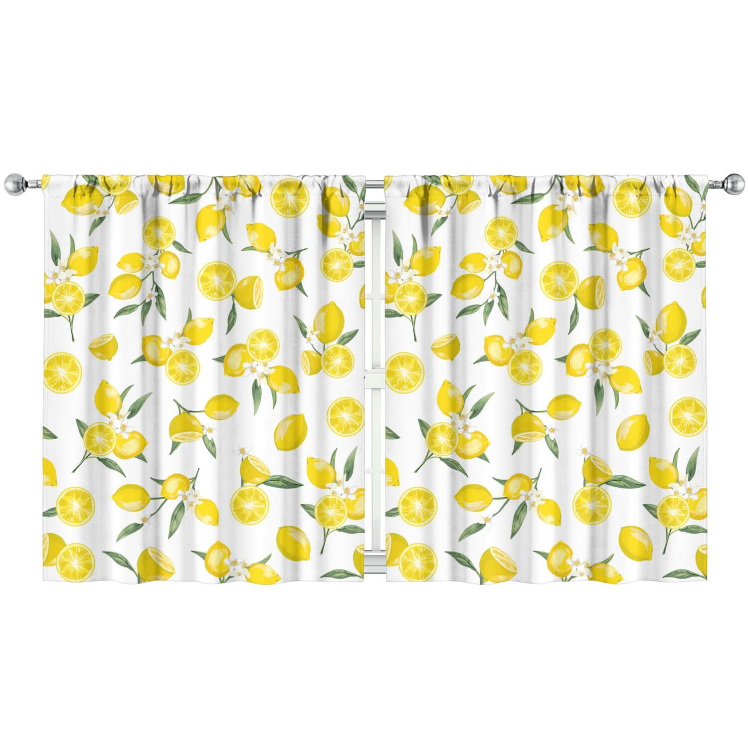 Fresh Lemon Print Kitchen Curtains 2 Pack - Yellow Fruit Retro Style, Semi-Sheer Caf Panels ...