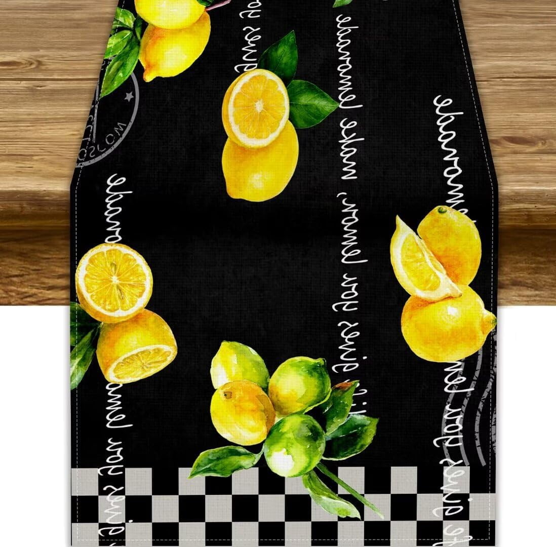 Fresh Lemon Table Runner, Vintage Black White Buffalo Plaid Rustic ...