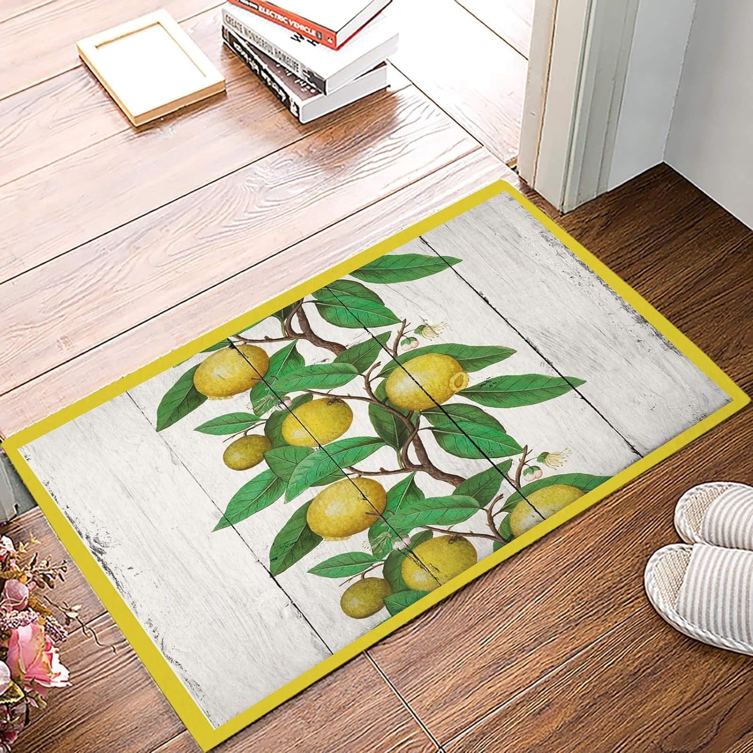 Fresh Lemon Welcome Doormat, Summer Fruit with Green Leaves Wood Grain ...