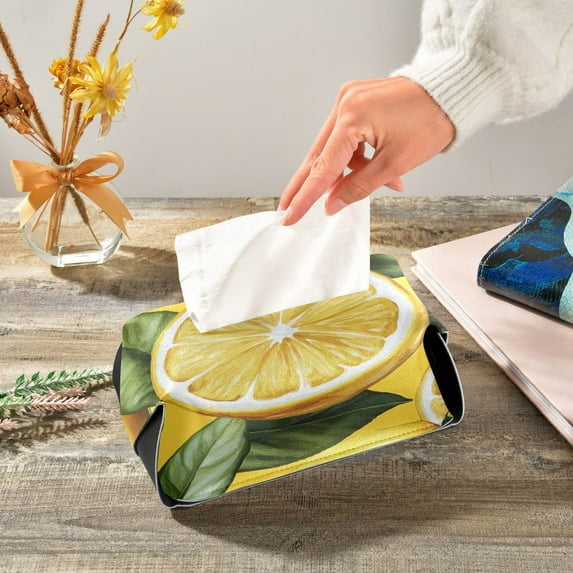 Fresh Lemons Green Leaves Painting Leather Tissue Box Cover Rectangle ...