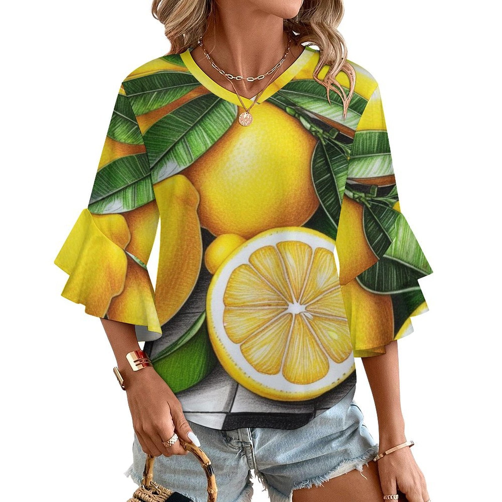 Fresh Lemons On Checkered Background Women's V-Neck Blouse With 3/4 ...