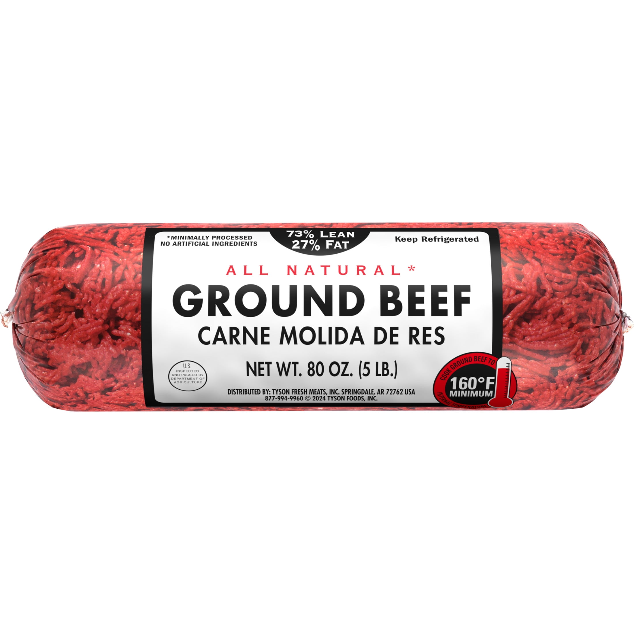 73% Lean / 27% Fat Ground Beef, 5 lb Roll, Fresh, All Natural ...