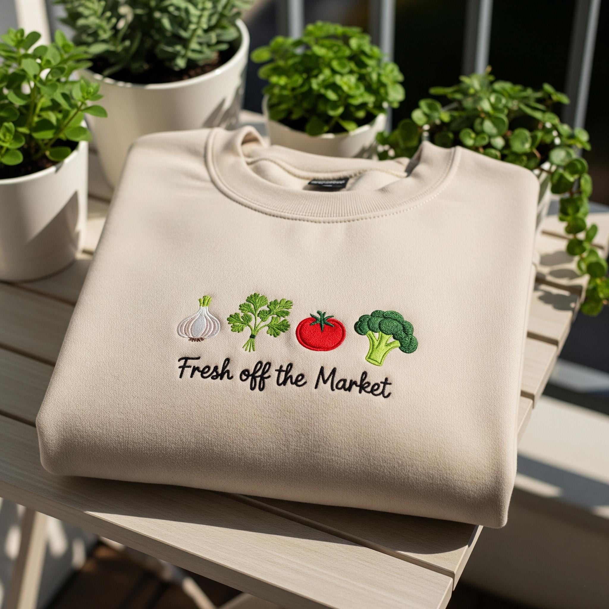 Fresh Off the Market Embroidered Sweatshirt - Cute Vegetable Crewneck ...