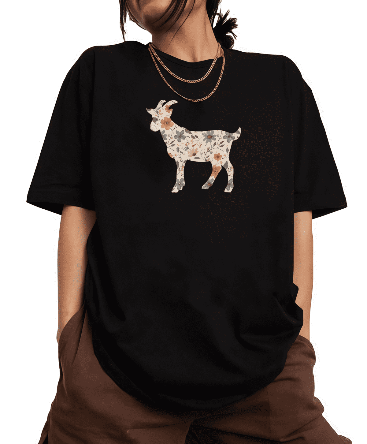 Fresh Pastoral Floral Pattern Goat Black S-5XL Women's Cotton Print ...