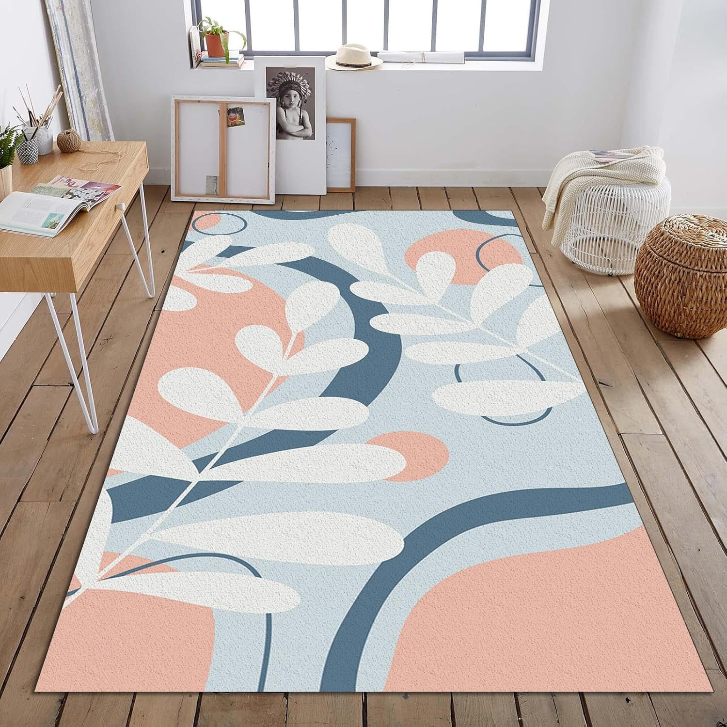 Fresh Pastoral Style Plants Indoor Large Rug, Modern Pink Light Blue ...