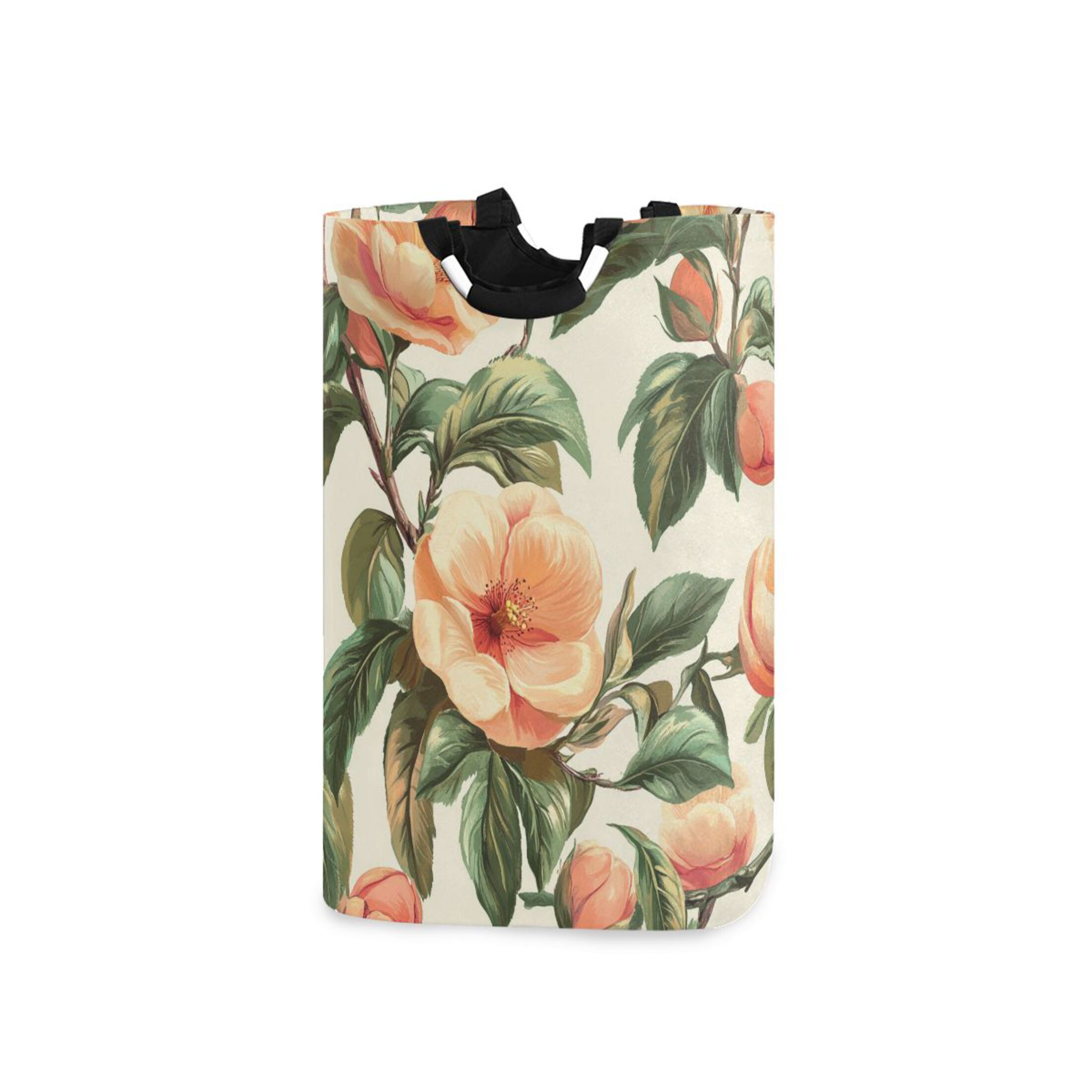 Fresh Peaches Leaves Peach Blossom Laundry Basket with Handles Foldable ...