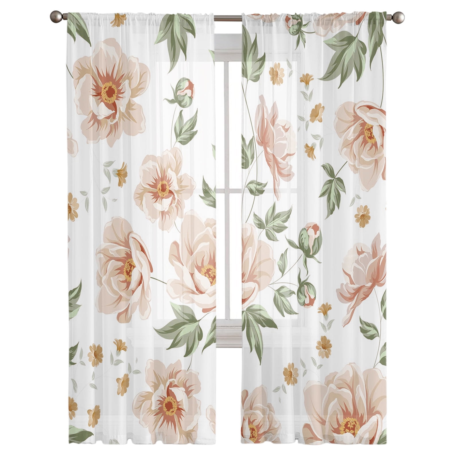 Fresh Poppy Flower Leaves Sheer Curtain for Living Room Bedroom Voile ...