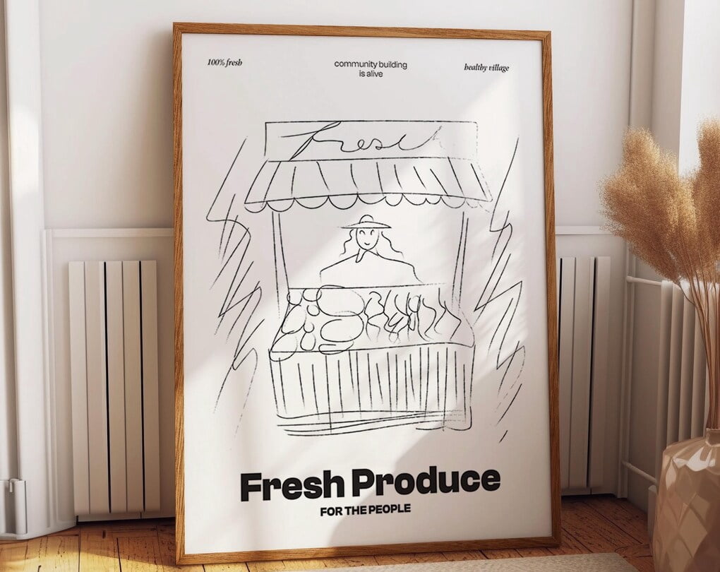 Fresh Produce Market Wall Art – Minimalist Line Drawing Food Stall ...