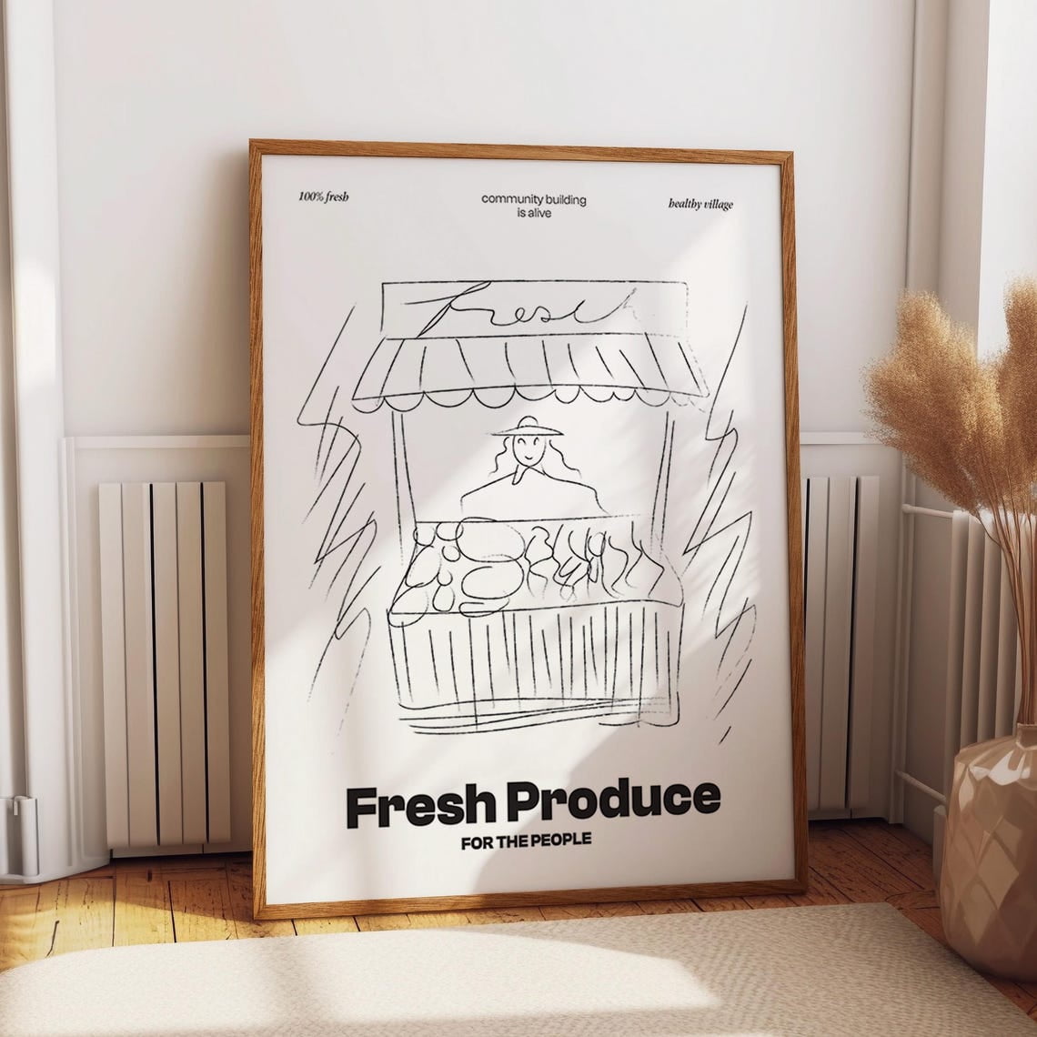 Fresh Produce Market Wall Art – Minimalist Line Drawing Food Stall ...