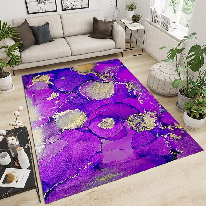 Fresh Purple Gilt Area Rugs, Modern Marble Living Room Rug, Low Pile ...