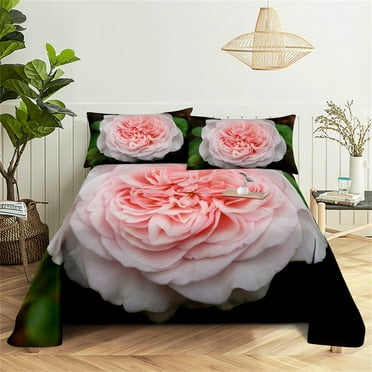 Full Set Pink Rose Floral Bed Sheets 4-Piece Size Cotton Bed Sheets for ...
