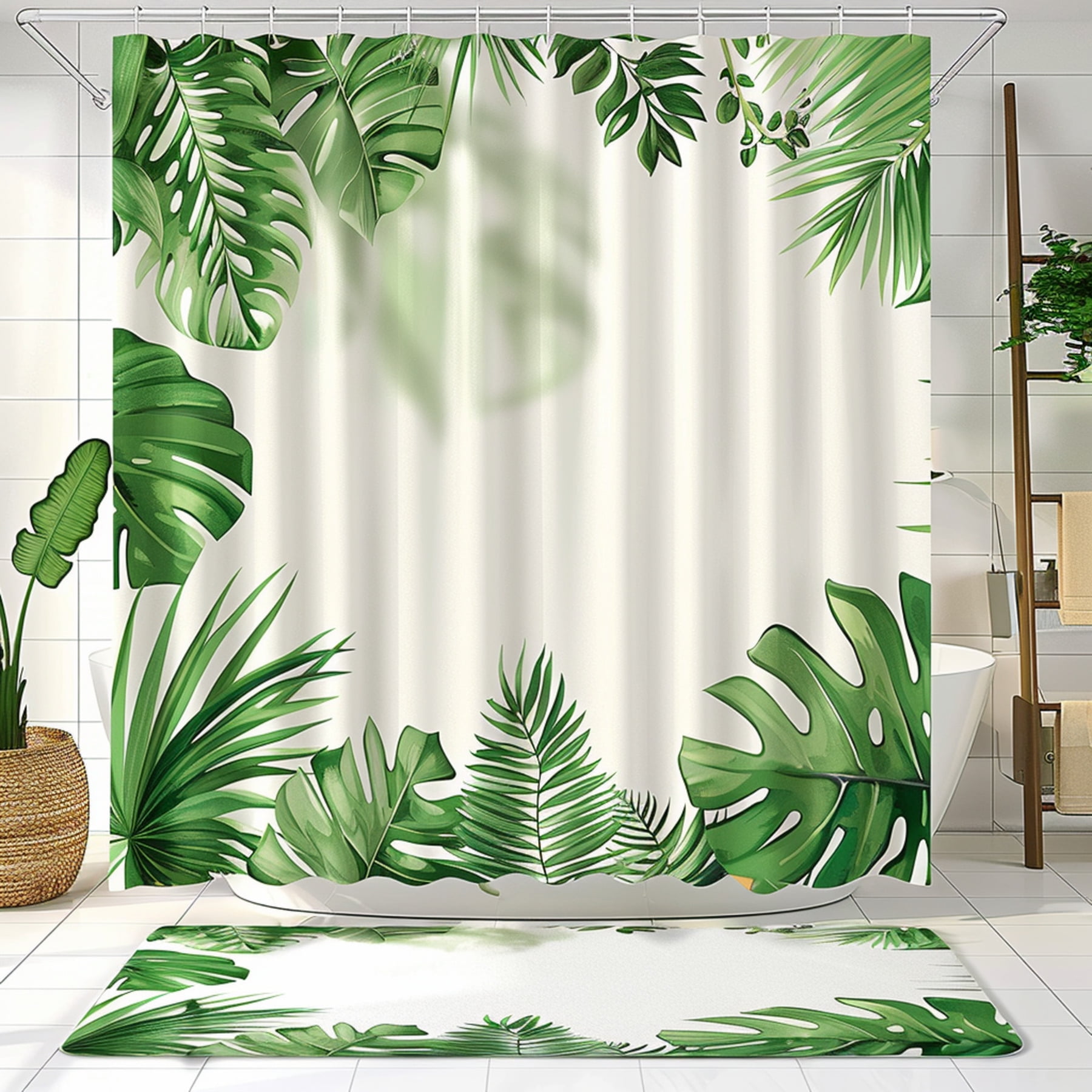 Fresh Tropical Rainforest Green Plant Bathroom Set White Background