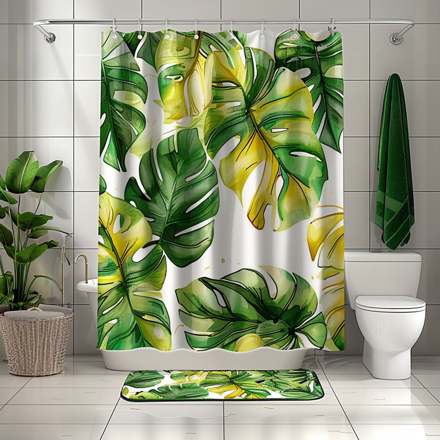 Fresh Tropical Rainforest Shower Curtain with Yellow Leaves Watercolor ...