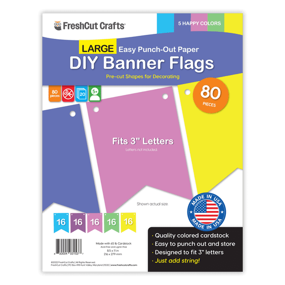 FreshCut Crafts Punch Out Paper Cutouts, Large Banner Flags, Happy ...