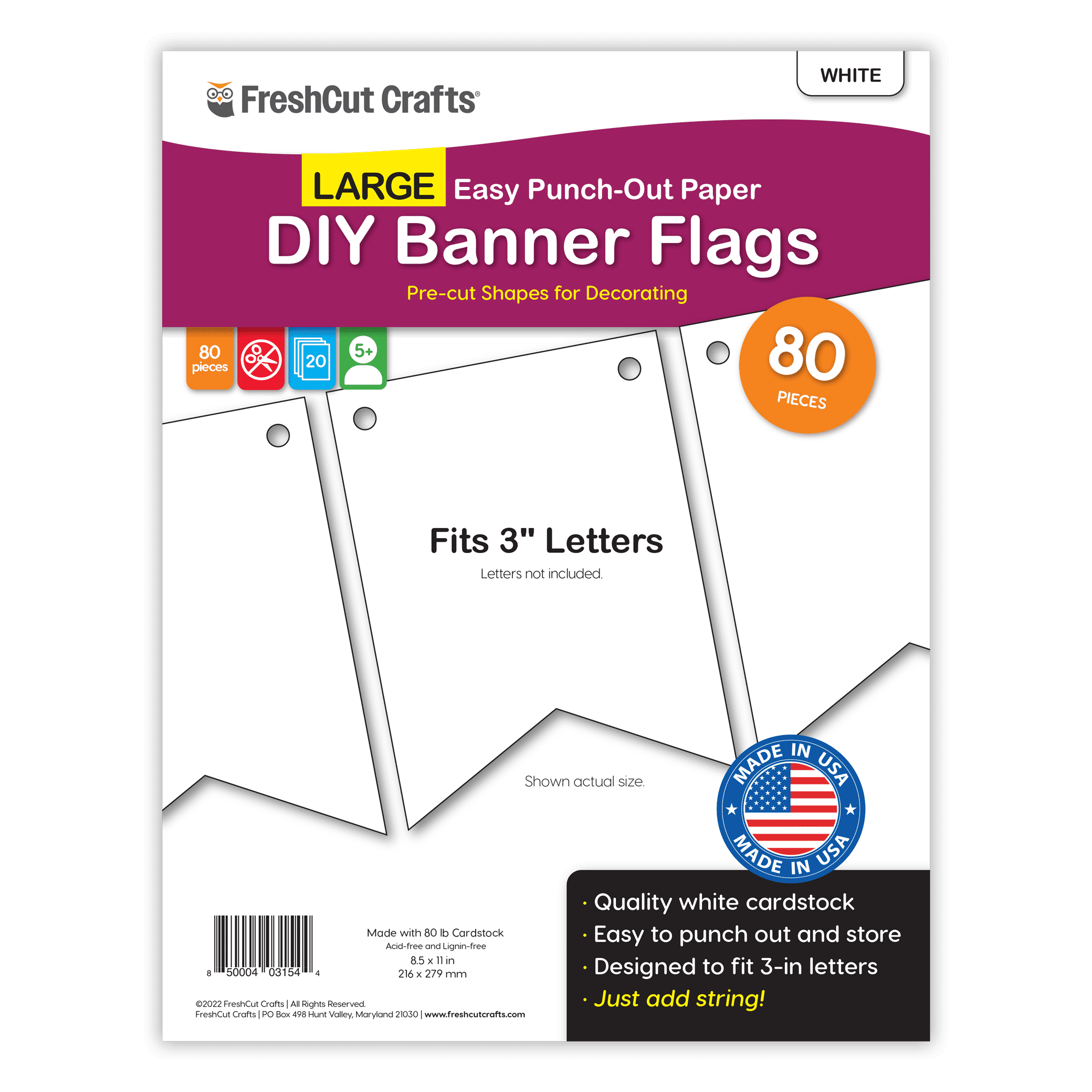 FreshCut Crafts Punch Out Paper Cutouts, Large Banner Flags, White, 80 ...
