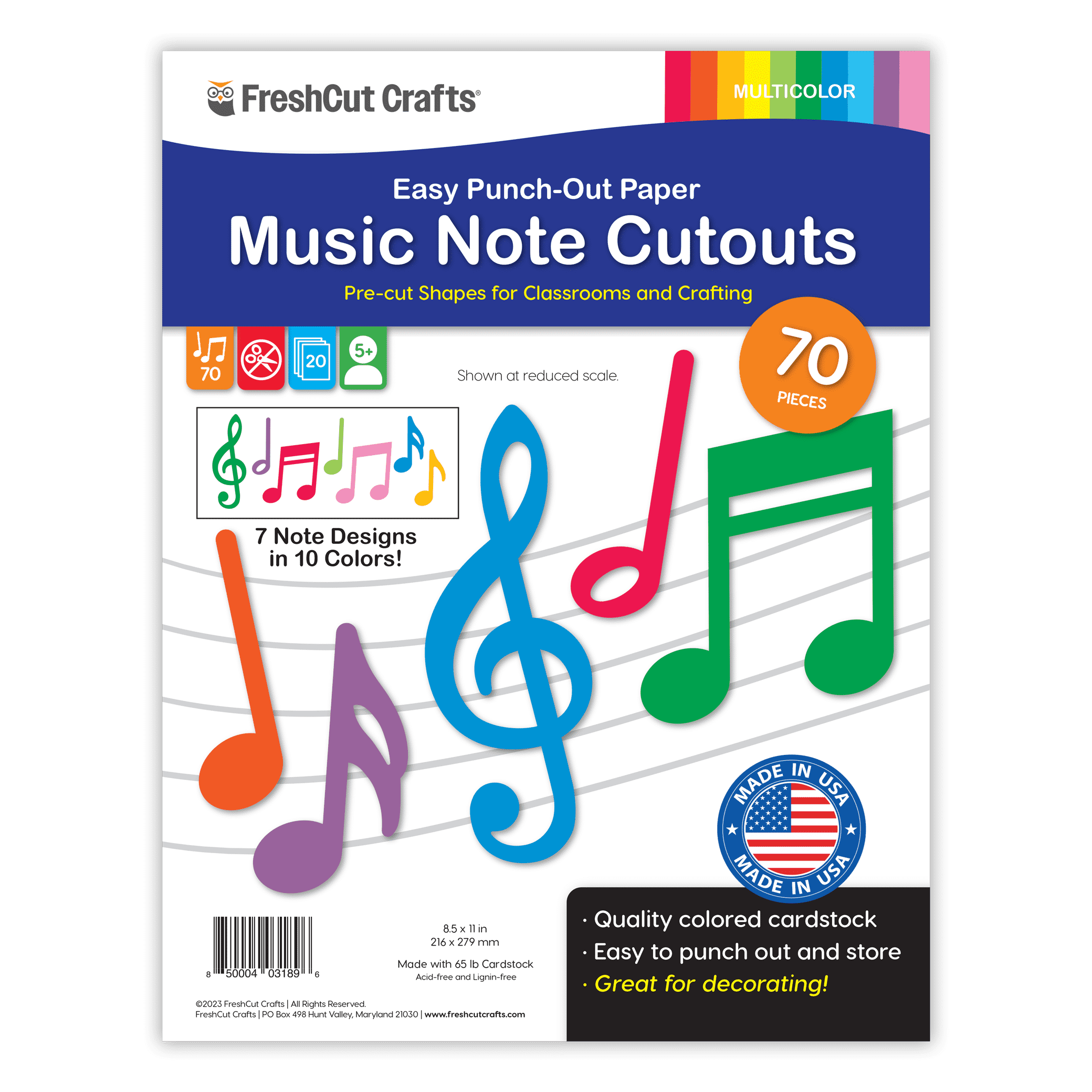 FreshCut Crafts Punch Out Paper Cutouts, Multicolor Music Notes, 70 ...
