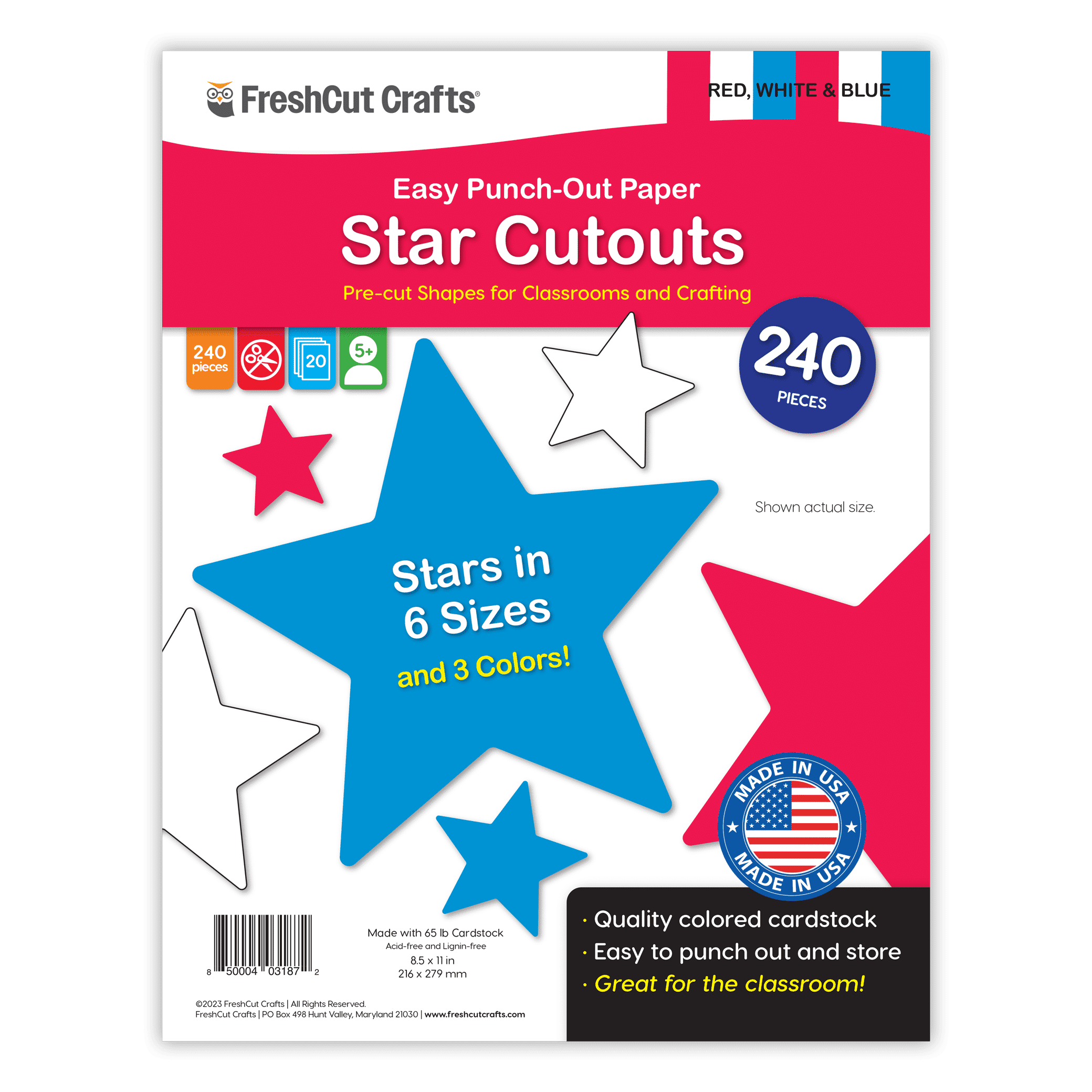 FreshCut Crafts Punch Out Paper Cutouts, Star Shapes, Red, White & Blue ...