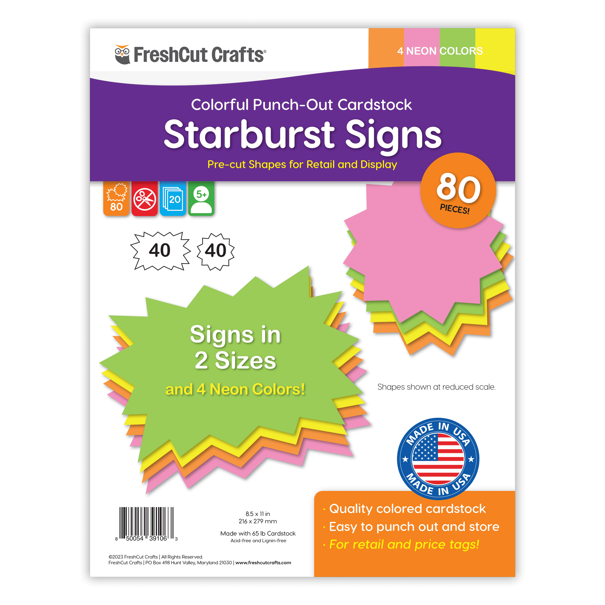 FreshCut Crafts Punch Out Paper Cutouts, Starburst Shapes, Neon, 80 ...