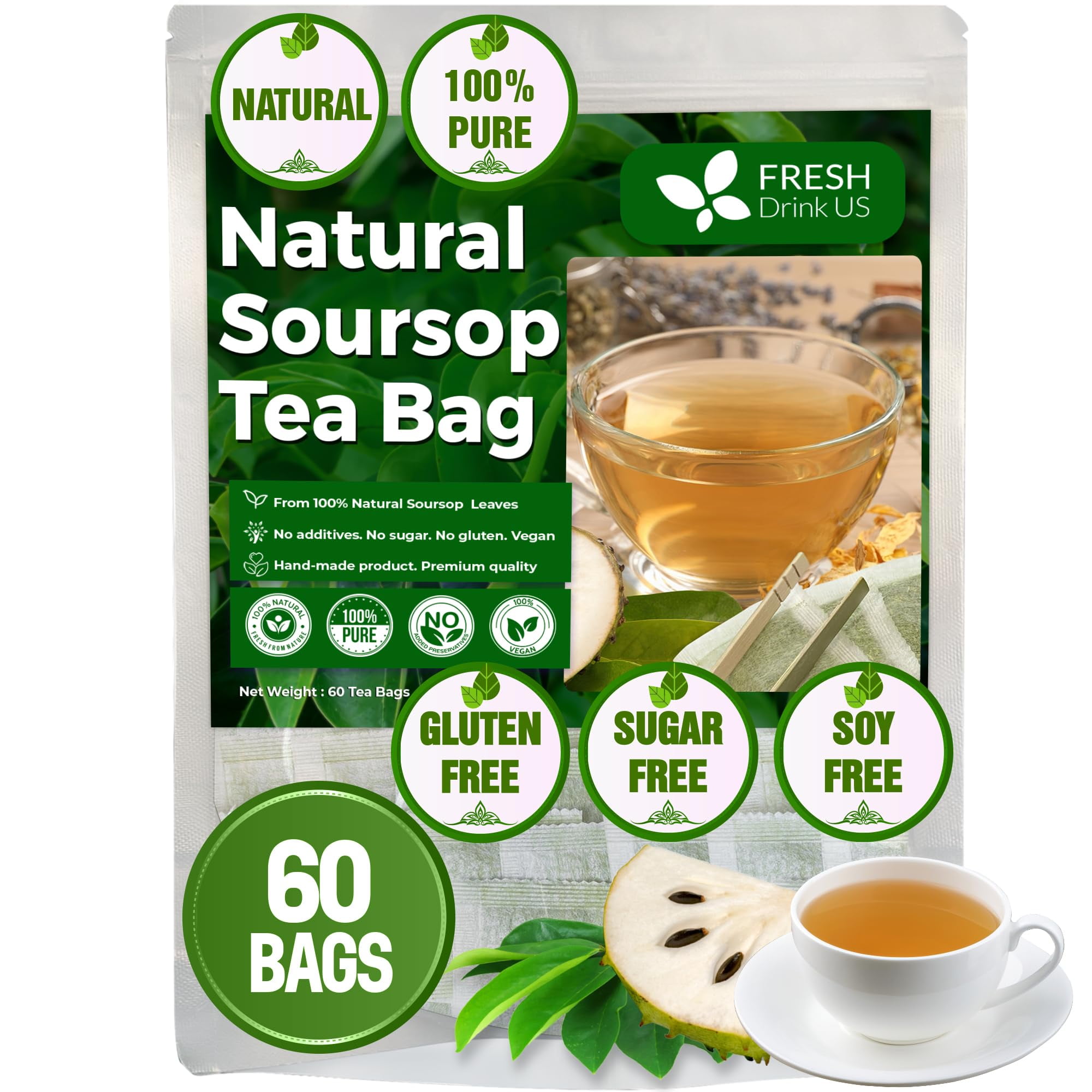 FreshDrinkUS, 60 Premium - The Top Soursop Graviola Leaf Tea Bags, 100% ...