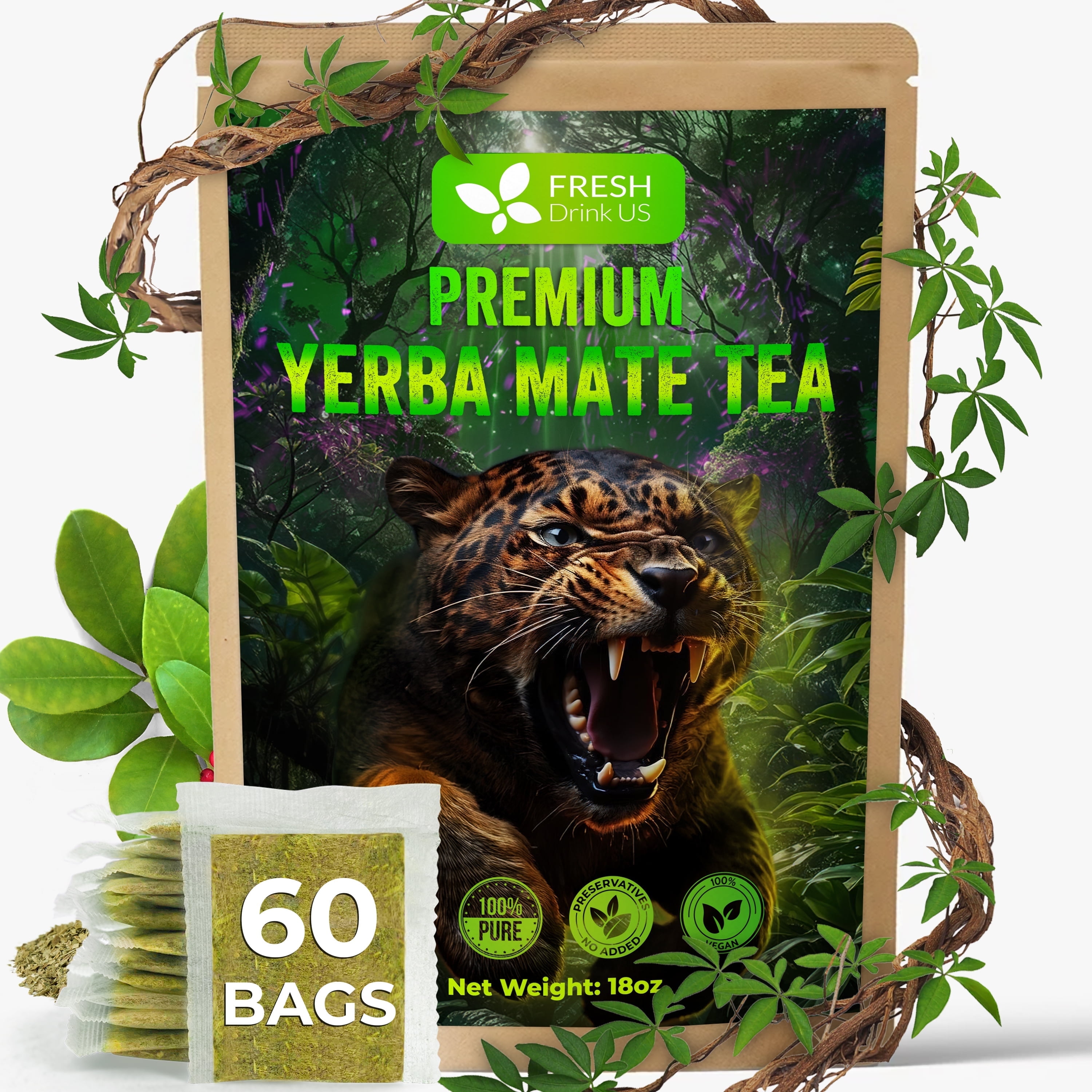 FreshDrinkUS, 60 Tea Bags Yerba Mate, Hi-Caffeine, Unsmoked Yerba Mate ...