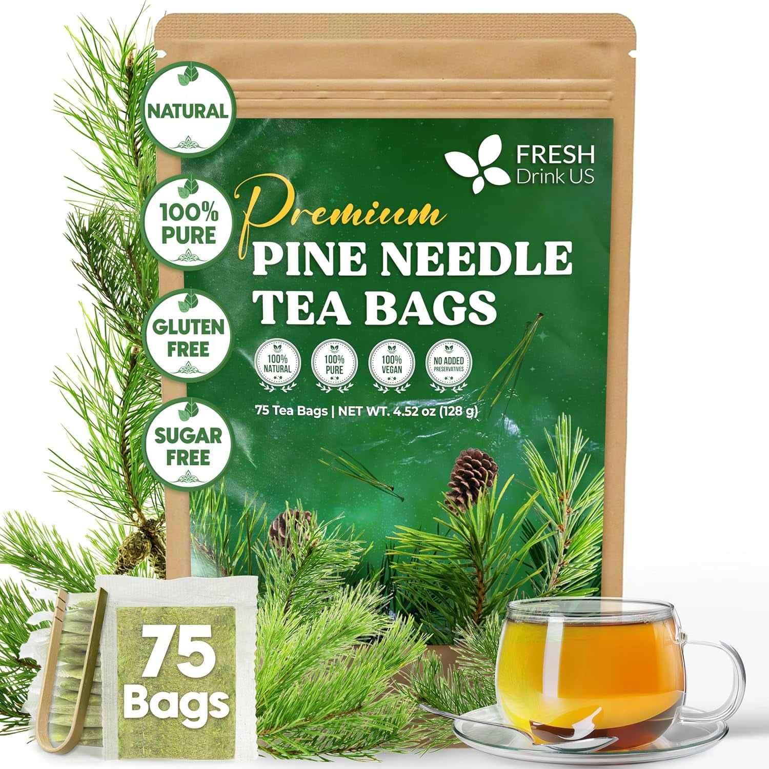 FreshDrinkUS, Pine Needle Tea Bags – 75 Tea Bags, Naturally Caffeine ...