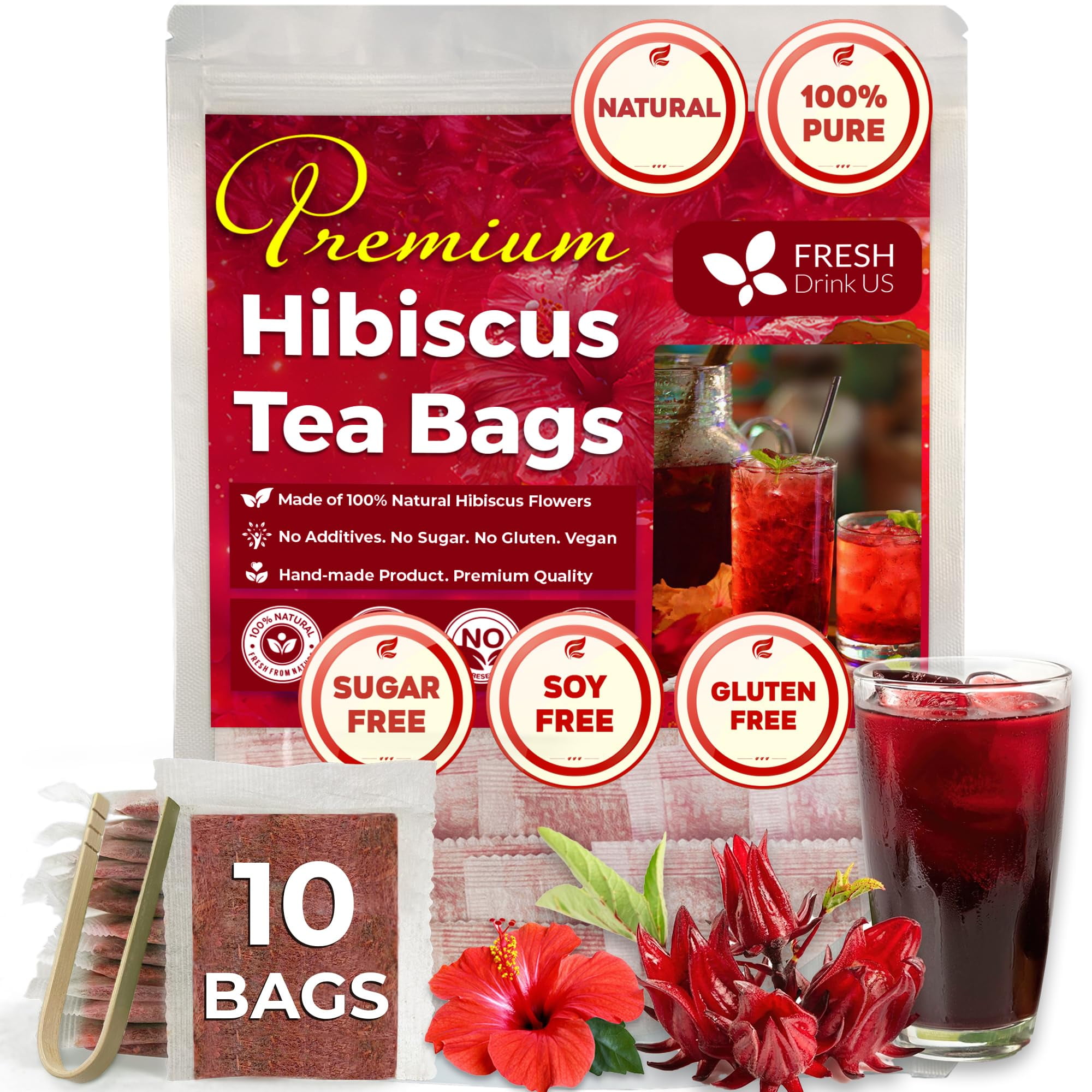 FreshDrinkUS, Premium 10 Hibiscus Flowers Tea Bags, 100% Natural, Pure ...