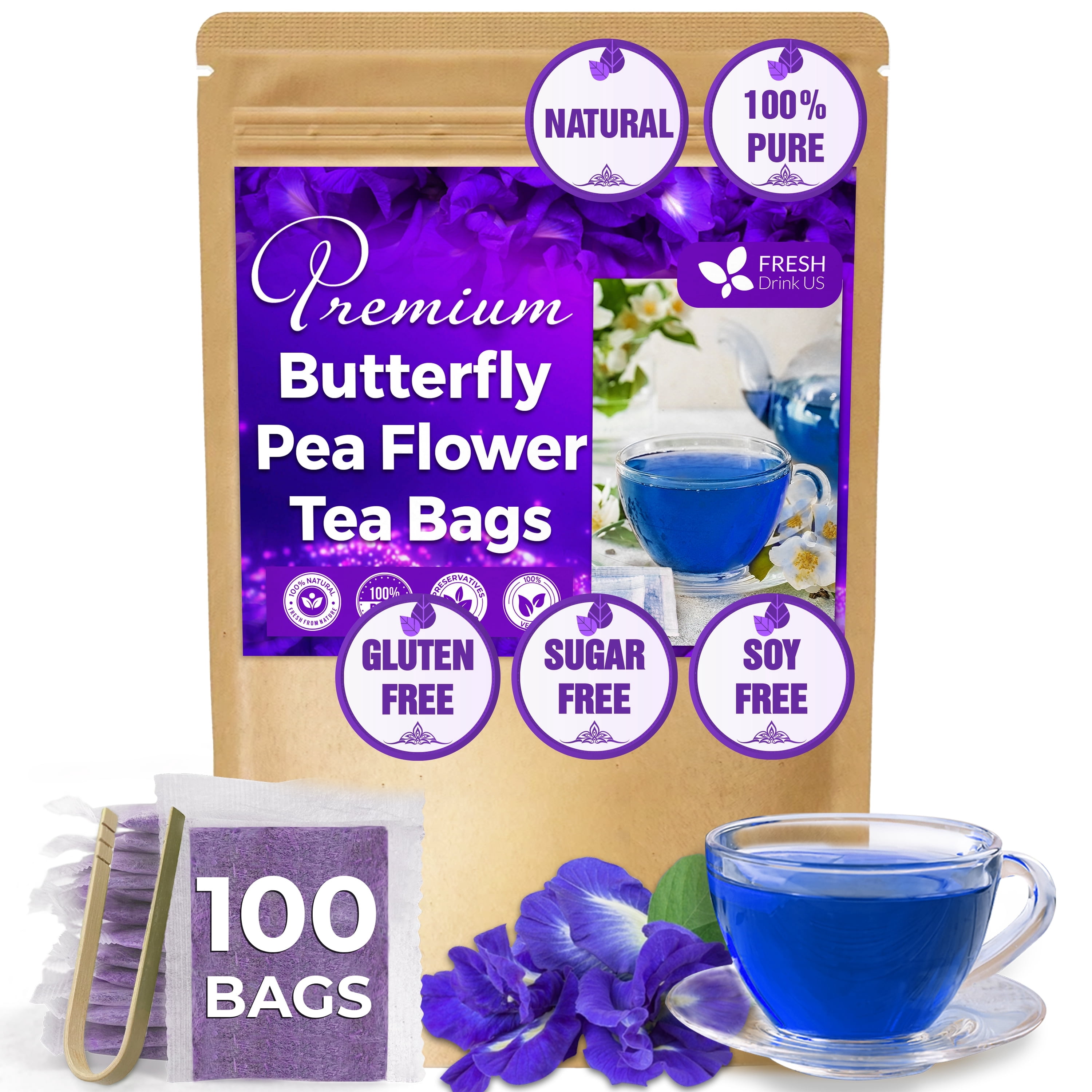 FreshDrinkUS, Premium 100 Blue Butterfly Pea Flowers Tea Bags, 100% ...