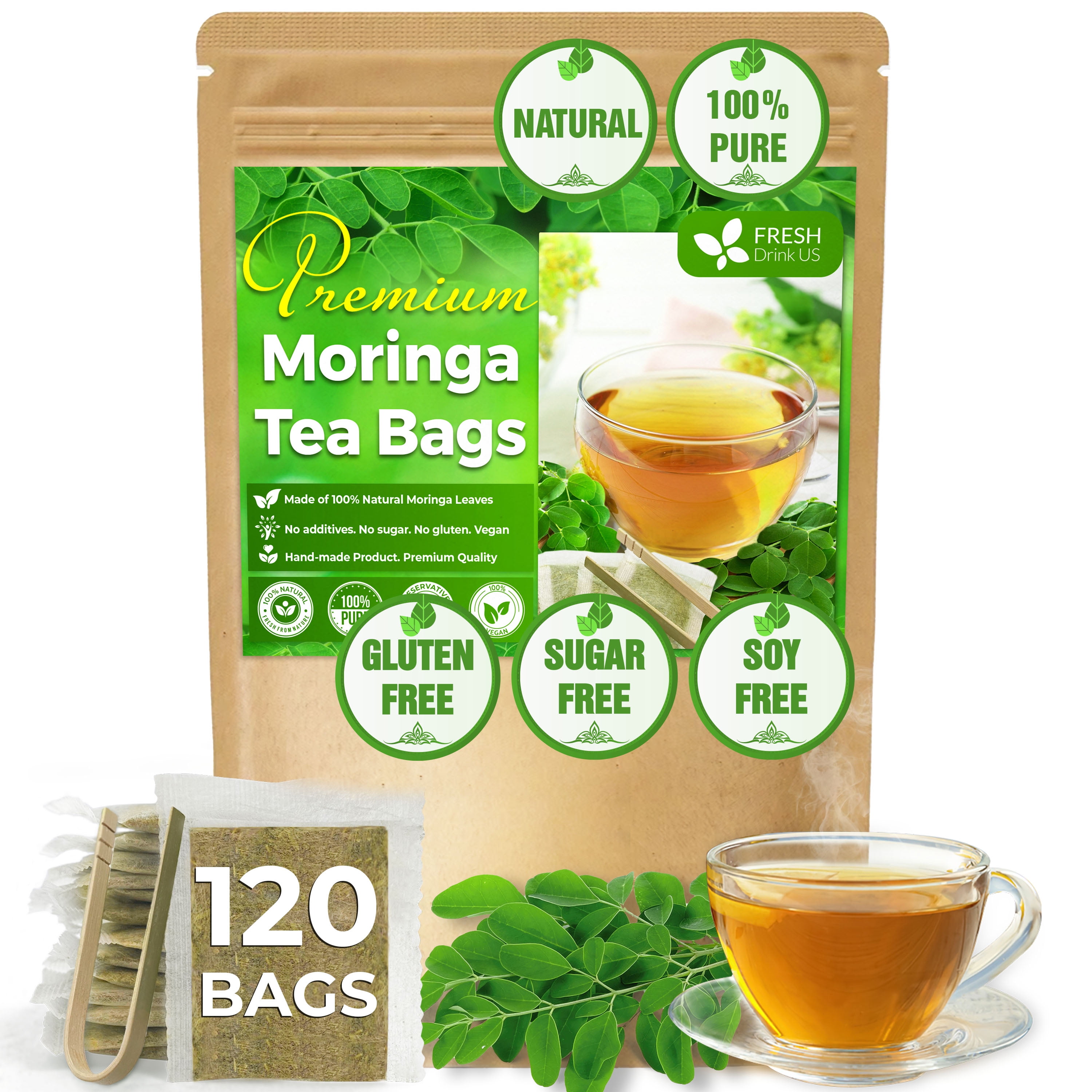 FreshDrinkUS, Premium 120 Moringa Leaf Tea Bags, 100% Natural & Pure ...