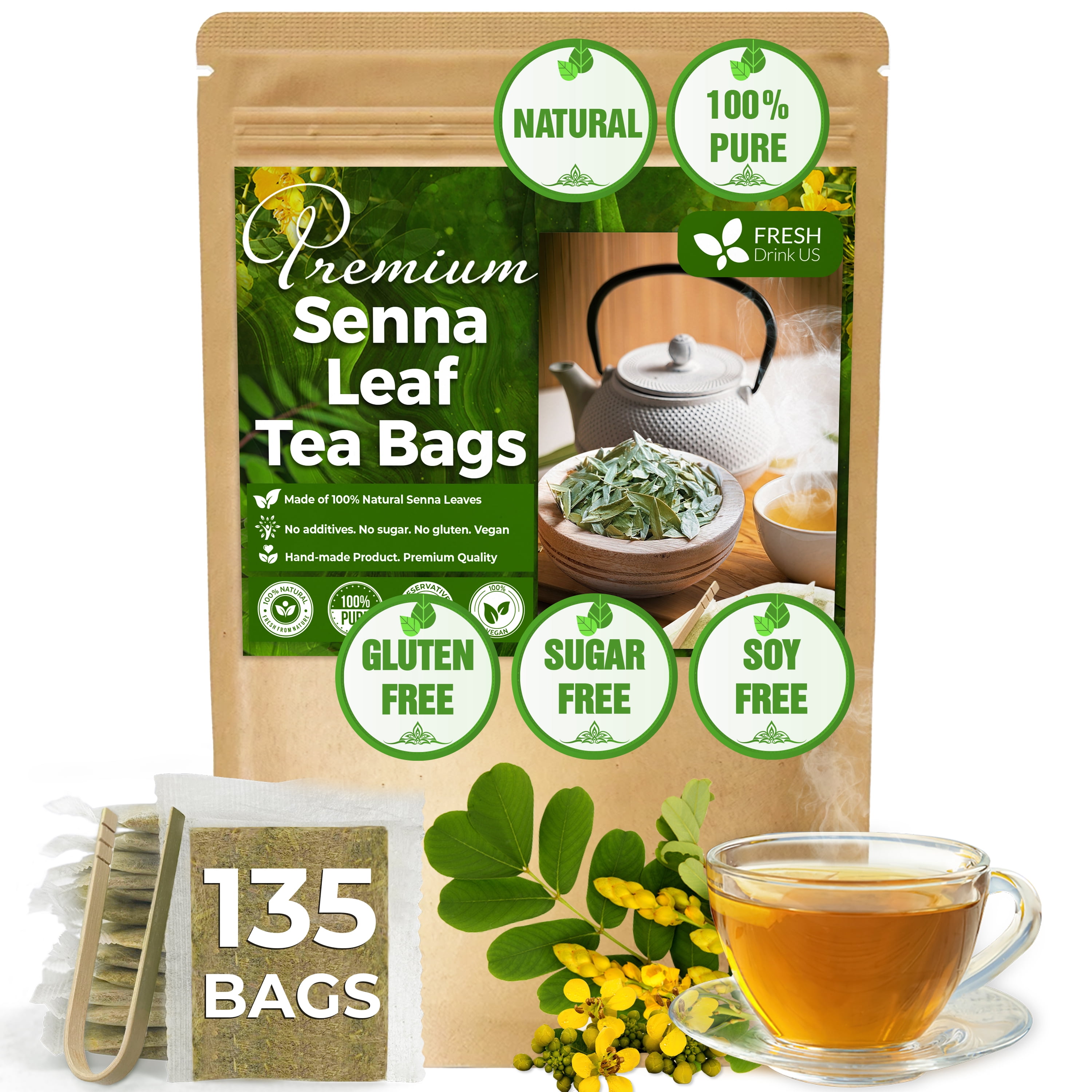 FreshDrinkUS, Premium 135 Senna Leaf Tea Bags, 100% Natural & Pure from Senna Leaves. Loose Leaf ...