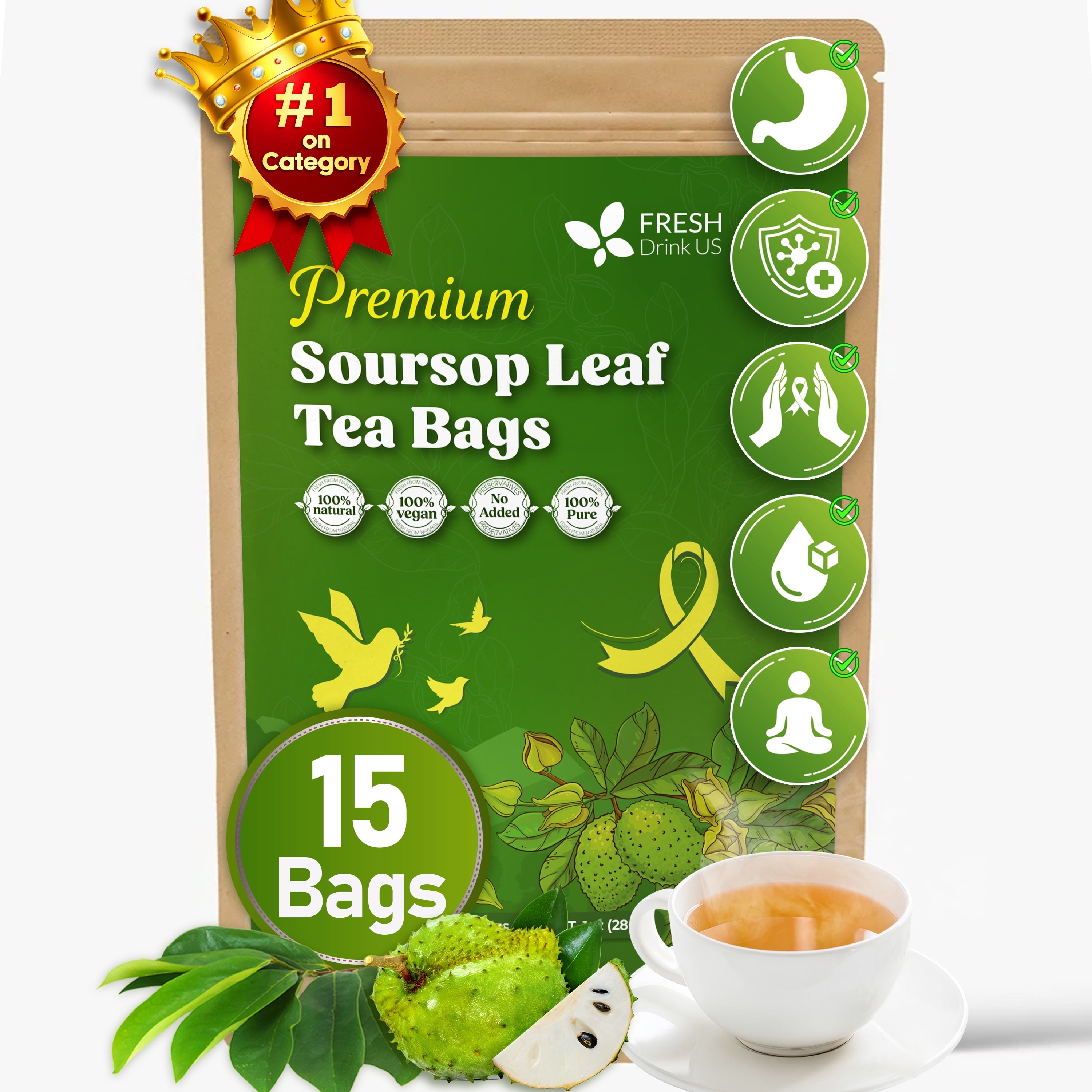 FreshDrinkUS, Premium 15 Soursop Graviola Leaf Tea Bags, 100% Natural ...