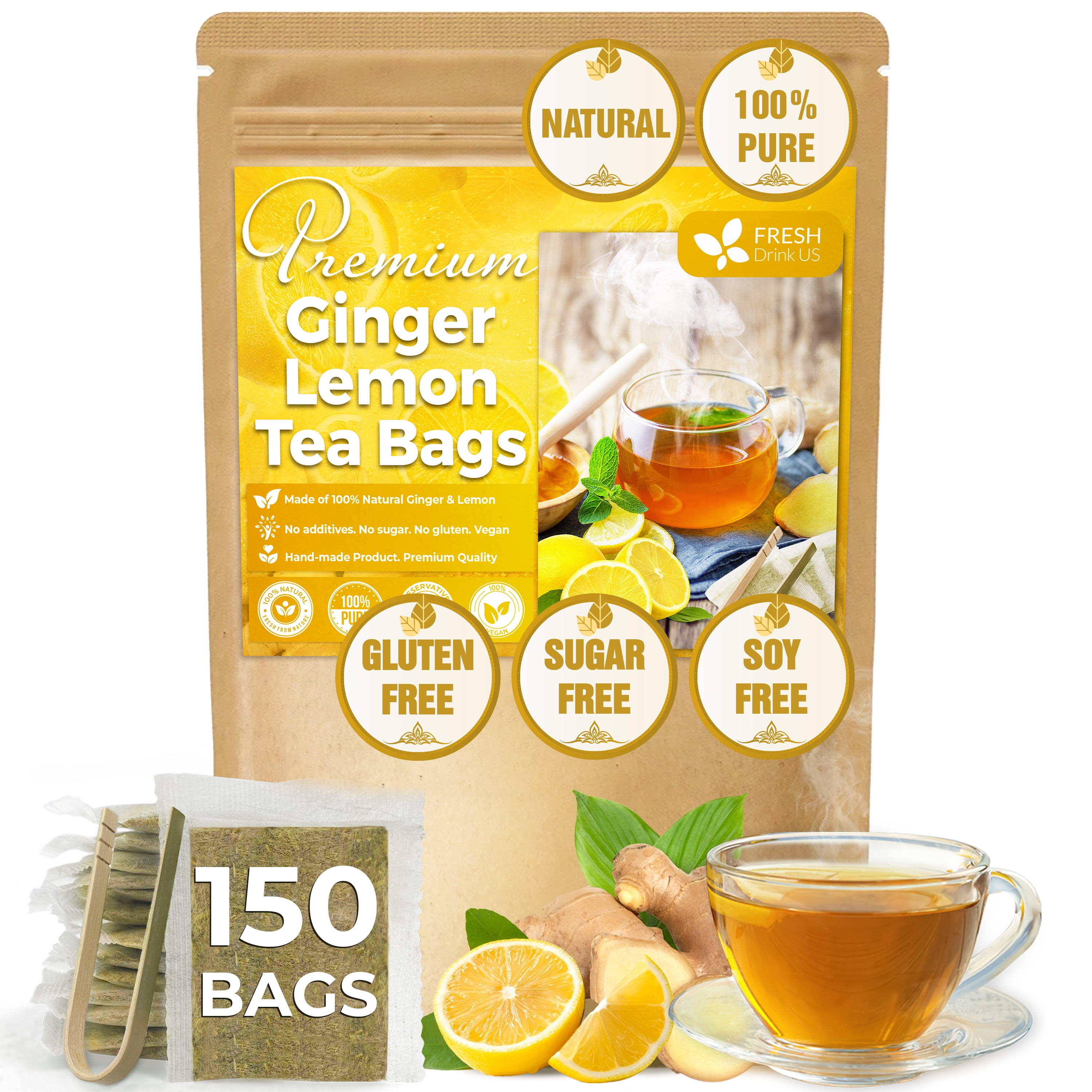 FreshDrinkUS, Premium 150 Lemon Ginger Tea Bags, 100% Natural ...