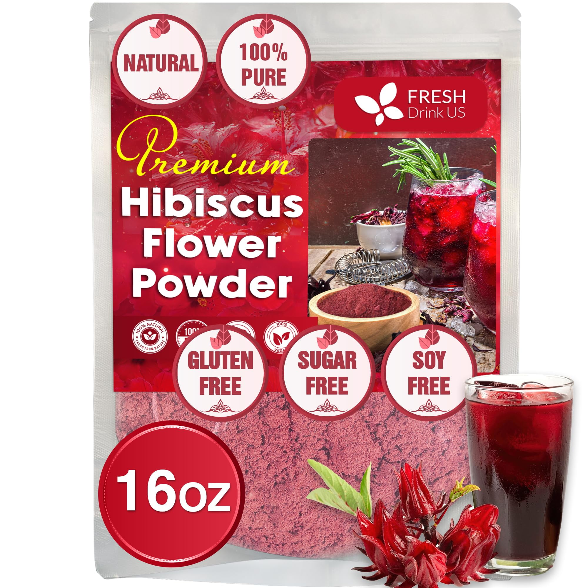 FreshDrinkUS, Premium 16oz Hibiscus Flower Powder, SMR100% Natural and ...
