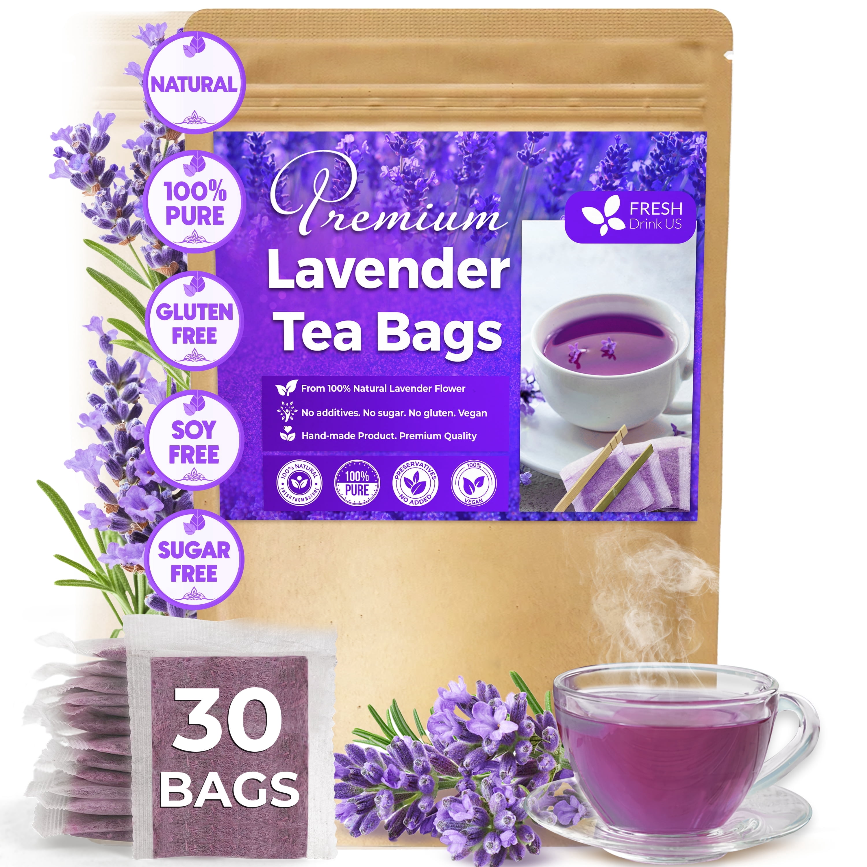 FreshDrinkUS Lavender Flower Tea Bags, 30ct, Vegan and Natural ...