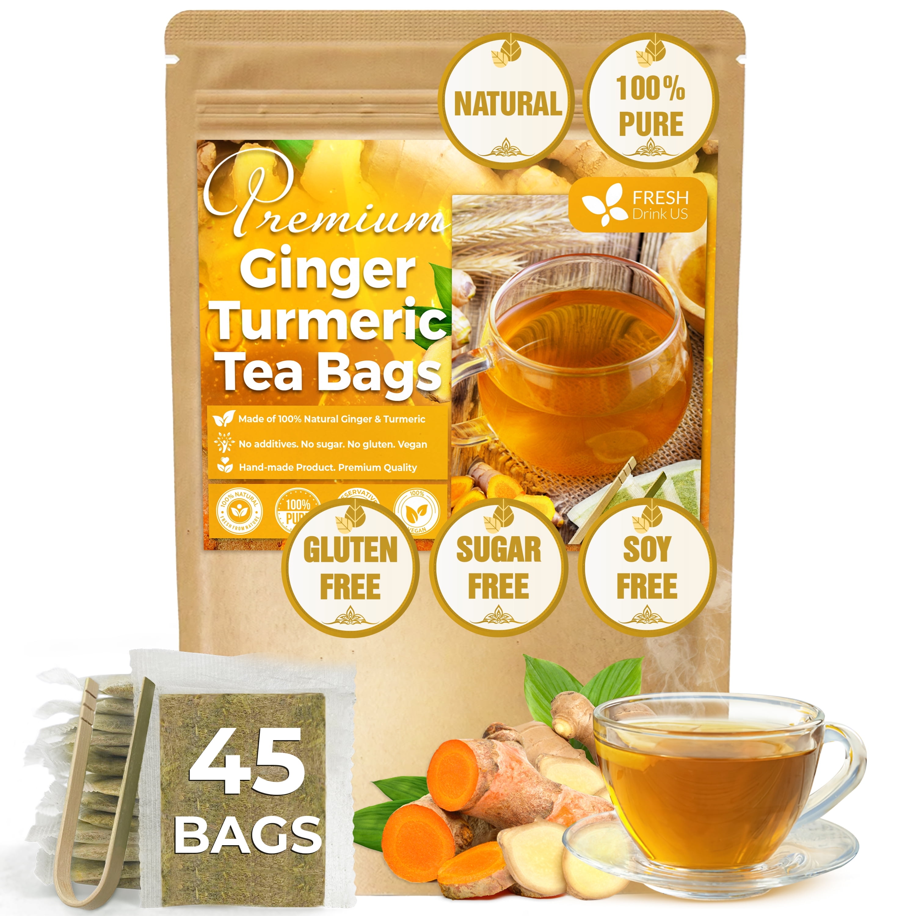 FreshDrinkUS, Premium 45 Ginger Turmeric Tea Bags, 100% Natural ...