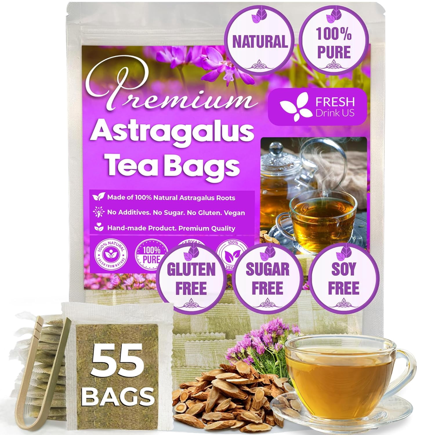 FreshDrinkUS, Premium 55 Astragalus Root Tea Bags, 100% Natural & Pure ...