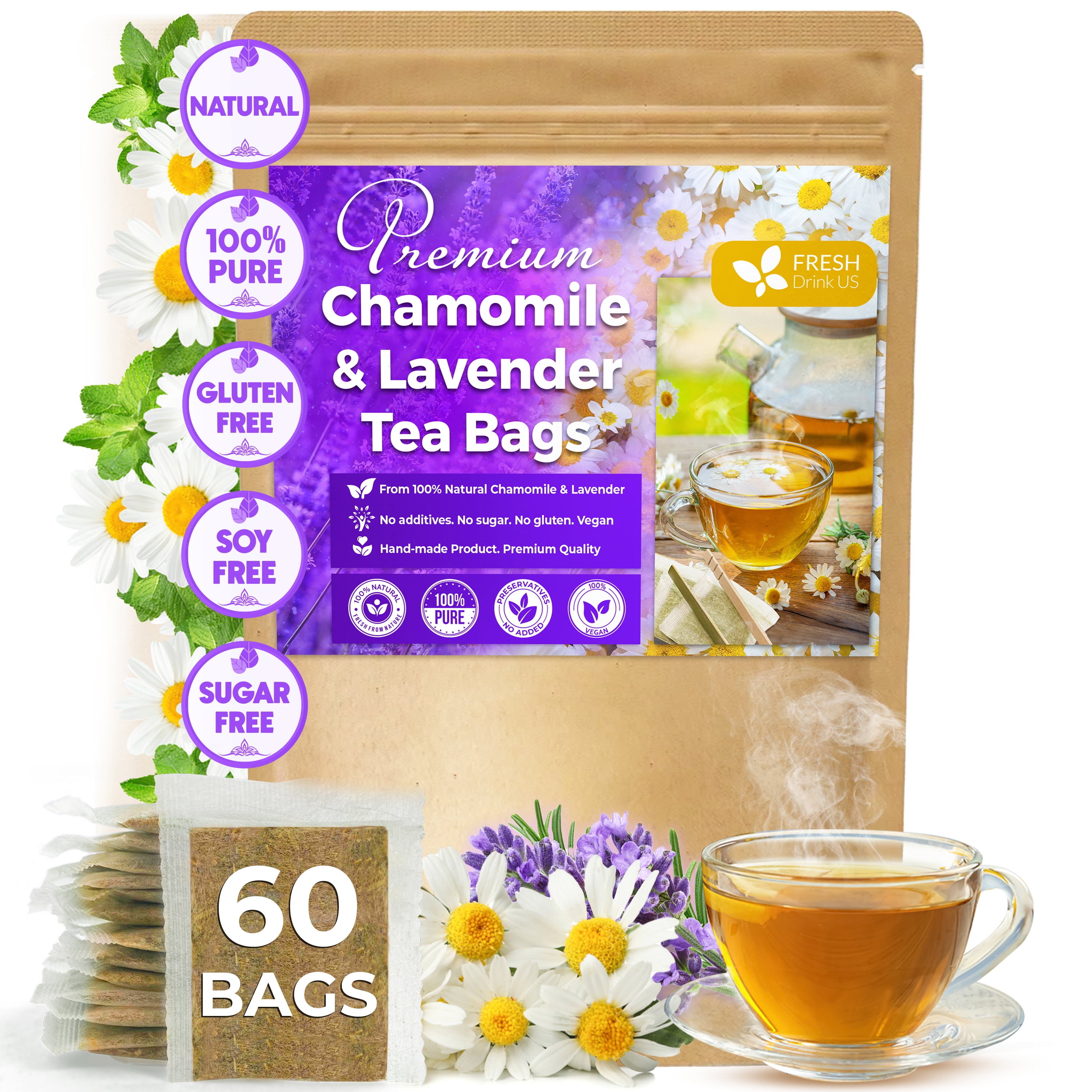 FreshDrinkUS, Premium 60 Chamomile Lavender Tea Bags, 100% Natural ...