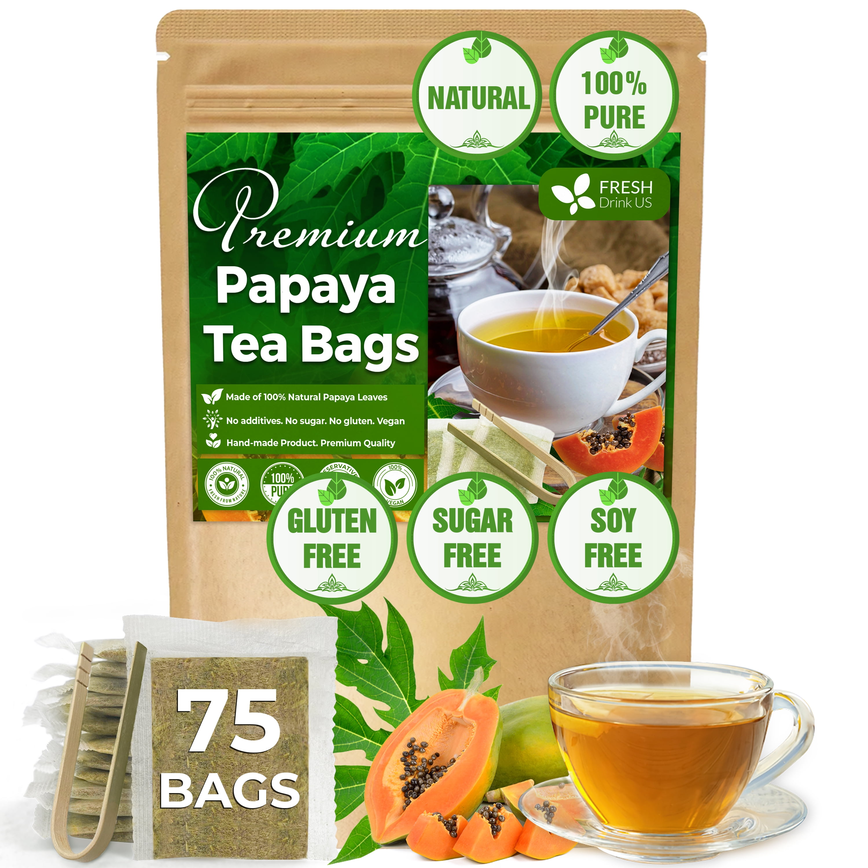 FreshDrinkUS, Premium 75 Papaya Leaf Tea Bags, 100% Natural & Pure from ...