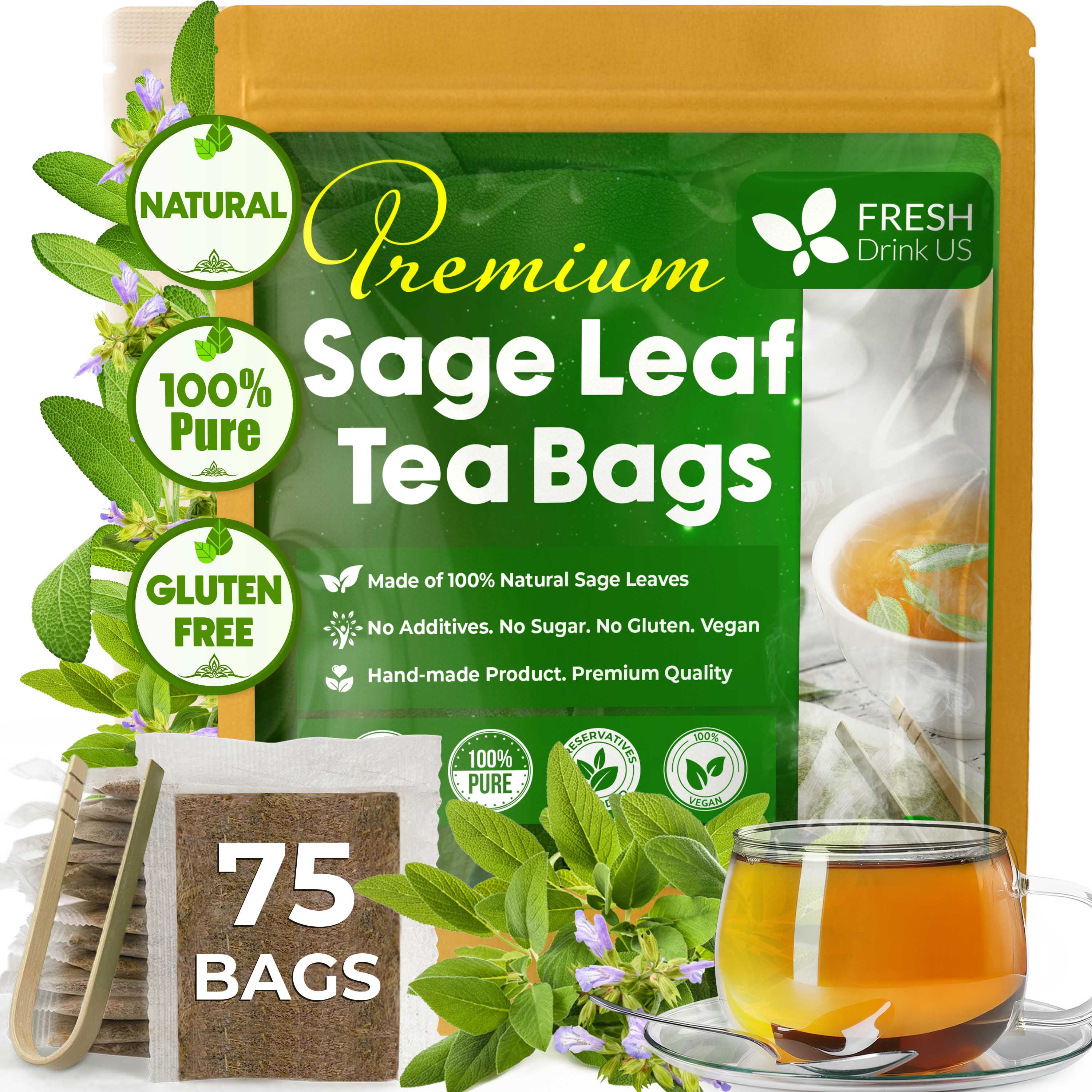 FRESHDRINKUS, 75 Sage Leaf Tea Bags, Herbal Tea Made from Pure Sage ...