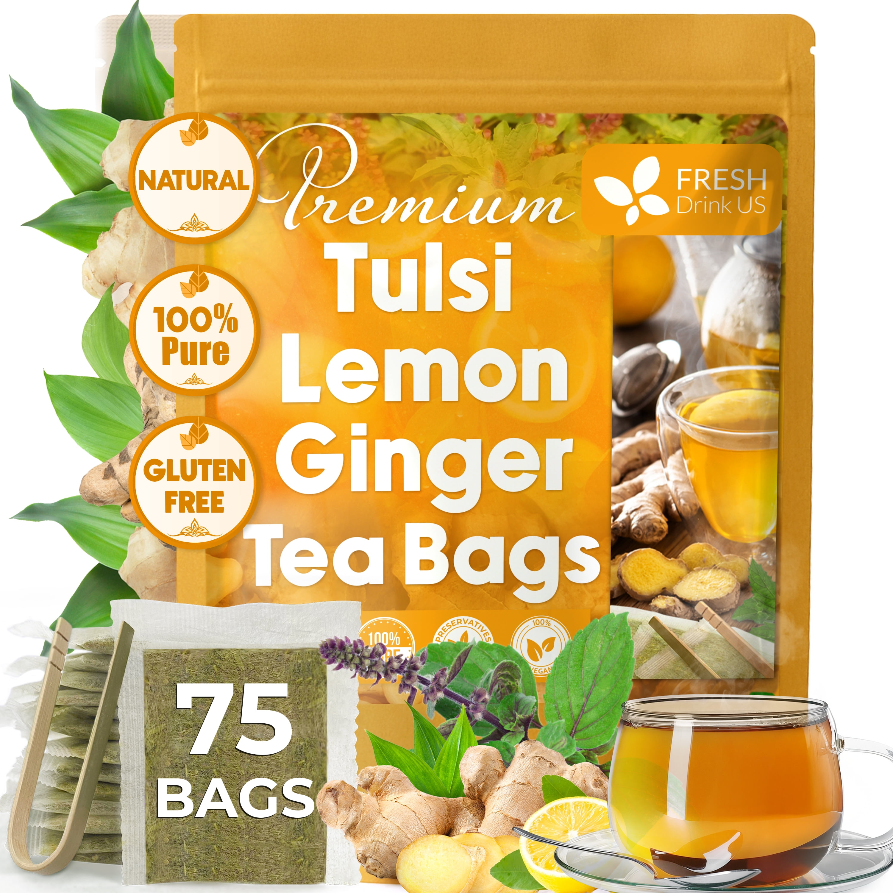 FreshDrinkUS, Premium 75 Tulsi Lemon Ginger Tea Bags, 100% Natural ...
