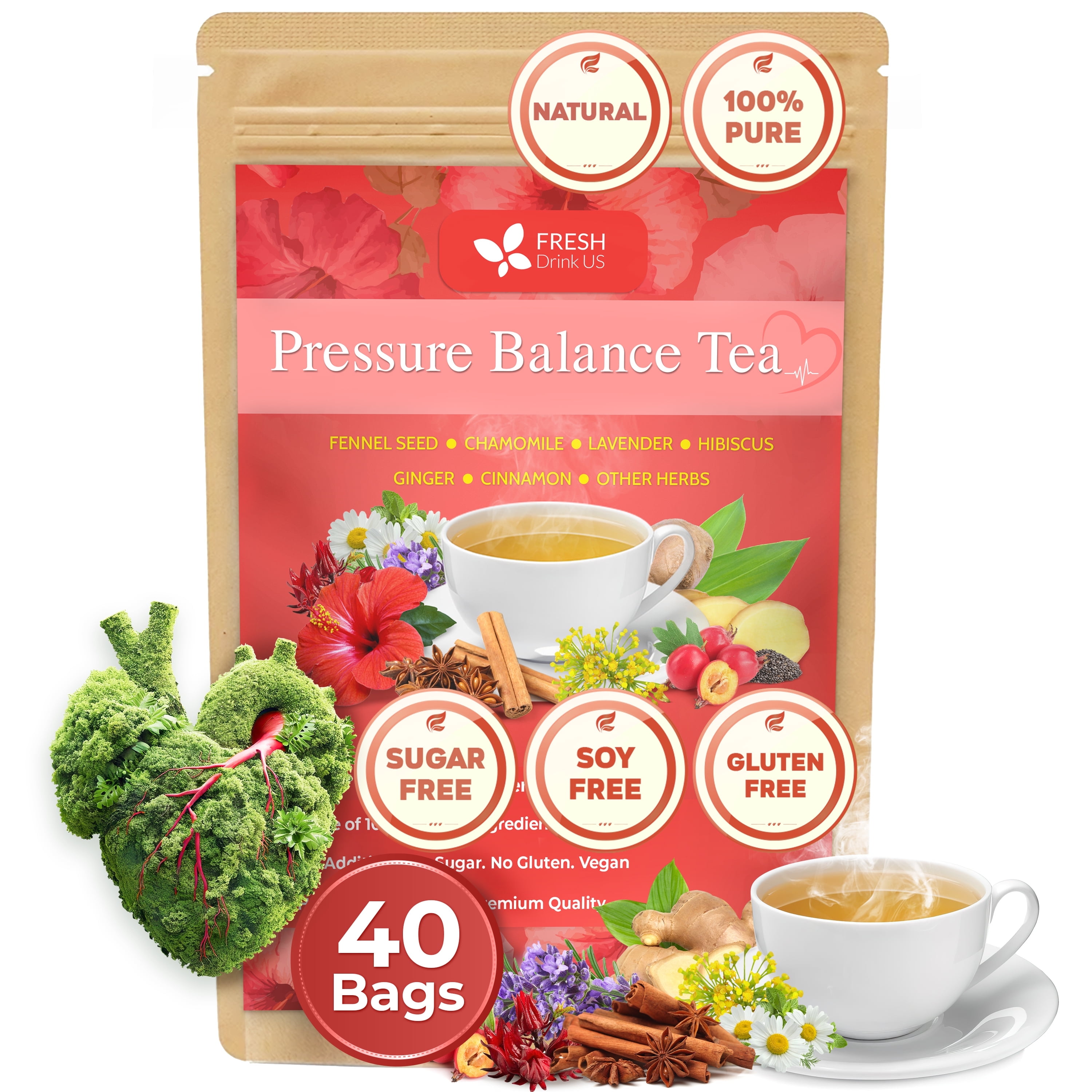 FreshDrinkUS, Pressure Balance Herbal Tea - 40 Tea Bags, 3.5 oz | Heart ...