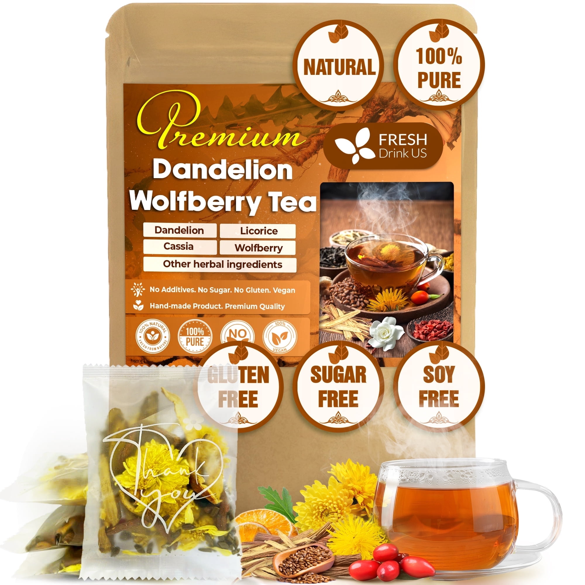 FreshDrinkUs, 15 Dandelion Wolfberry Tea Bags, 7 Herbal Ingredients ...