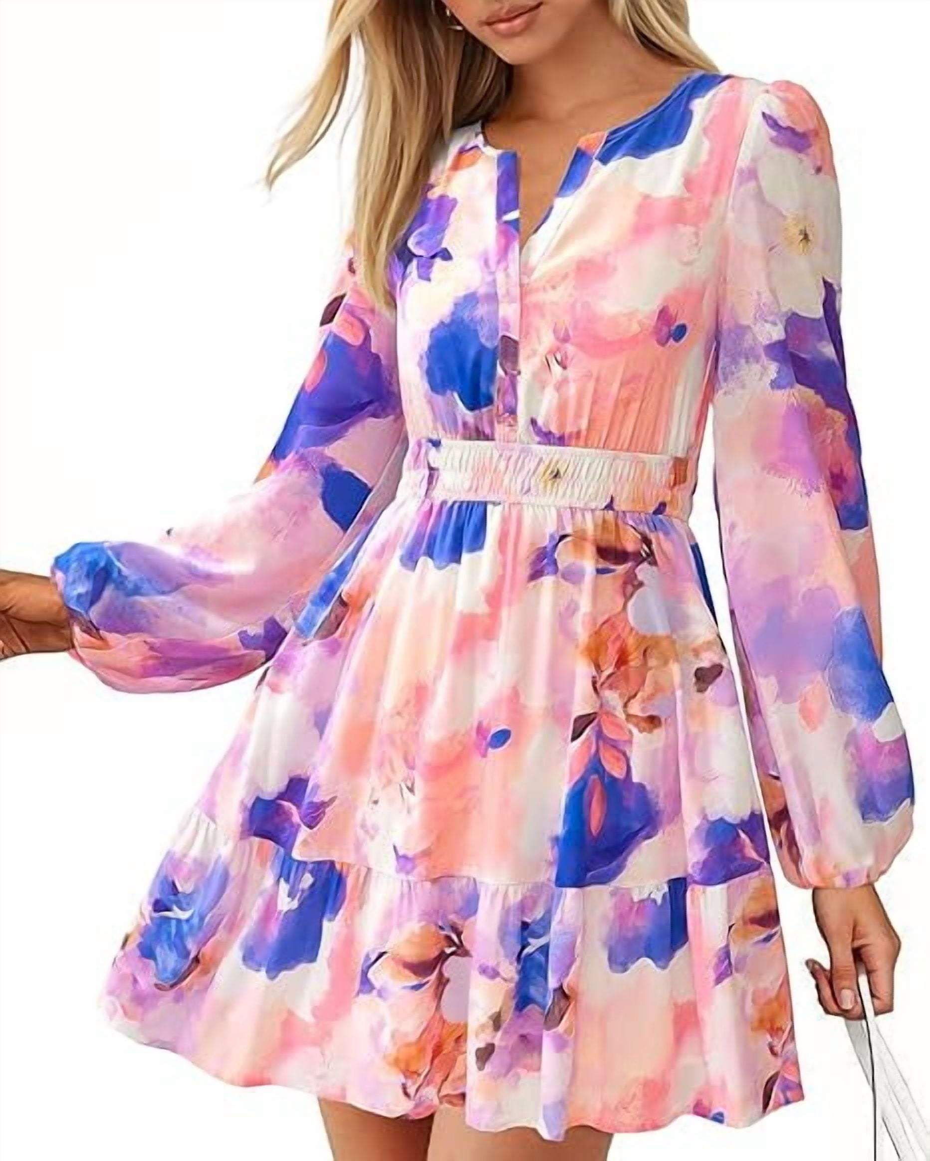 FreshPretty Fall Dresses for Women V Neck Long Sleeve Elastic Waist ...