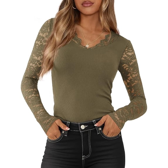 FreshPretty Fall Lace Long Sleeve Tops for Women Trendy Slim Fitted V ...